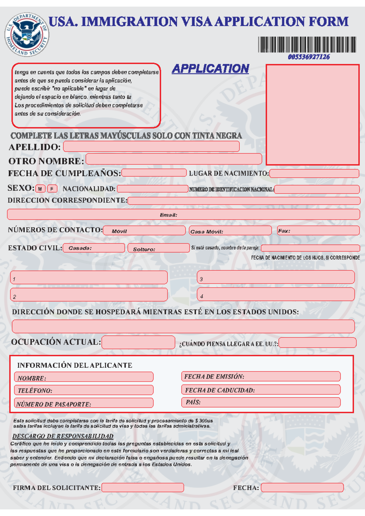 FORM VISA Application - Visa aplicación - USA. IMMIGRATION VISA ...