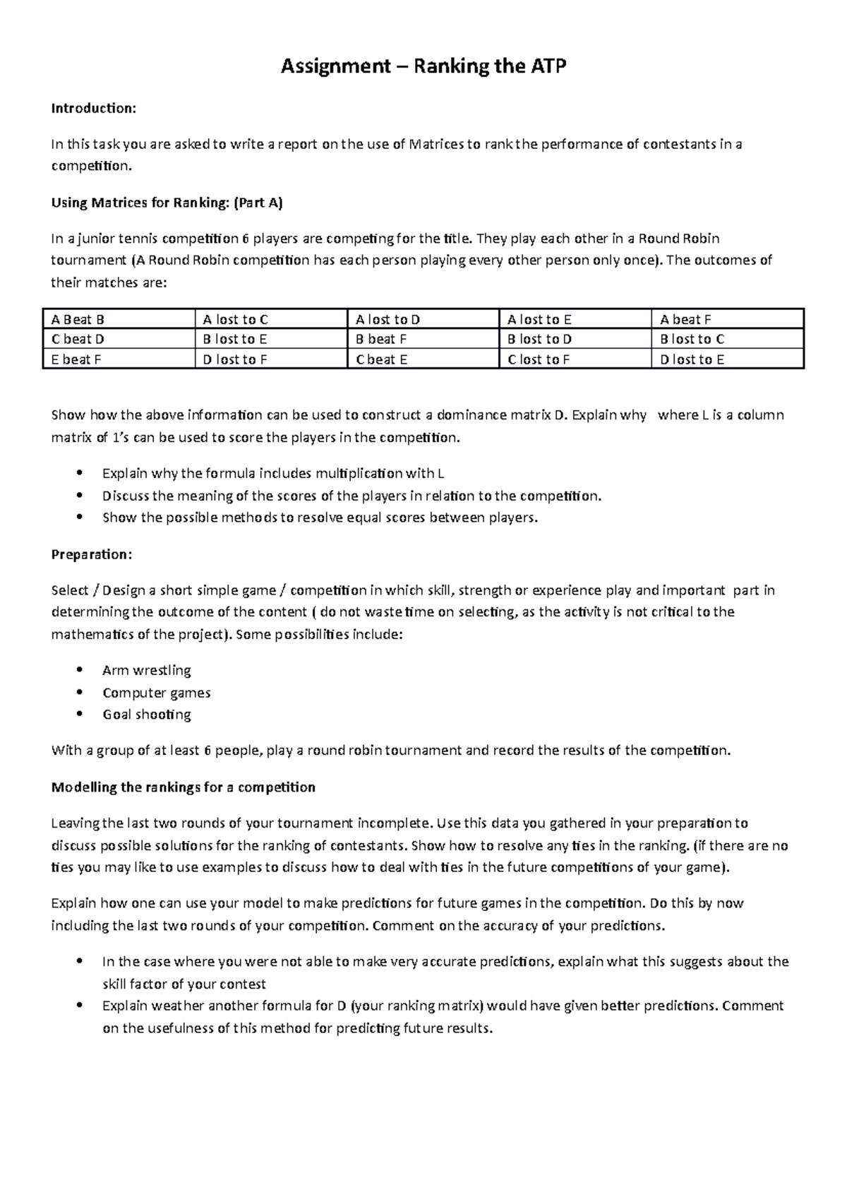 Mathematical - DI ranking the ATP - Assignment – Ranking the ATP ...