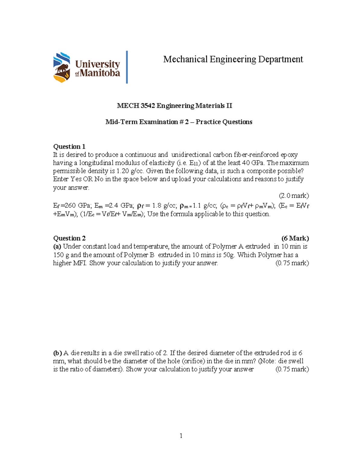 Mid-term Exam-II - Practice Questions - MECH 3542 Engineering Materials ...