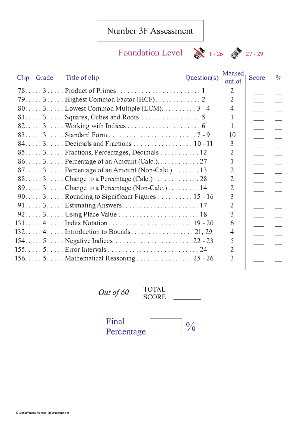 Number 3f assessment - Number 3F Assessment Foundation Level 78..... 3 ...