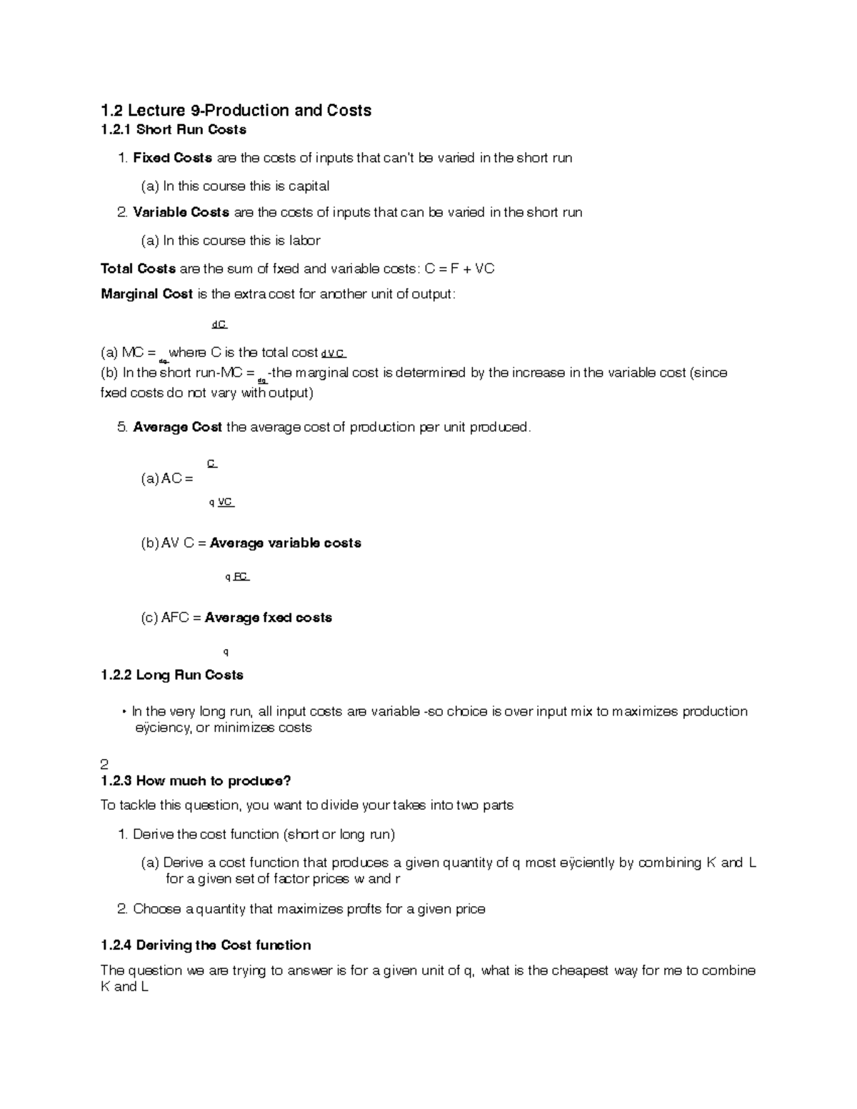 Eco 1 - lesson 1.2 economics lecture notes - 1 Lecture 9-Production and ...