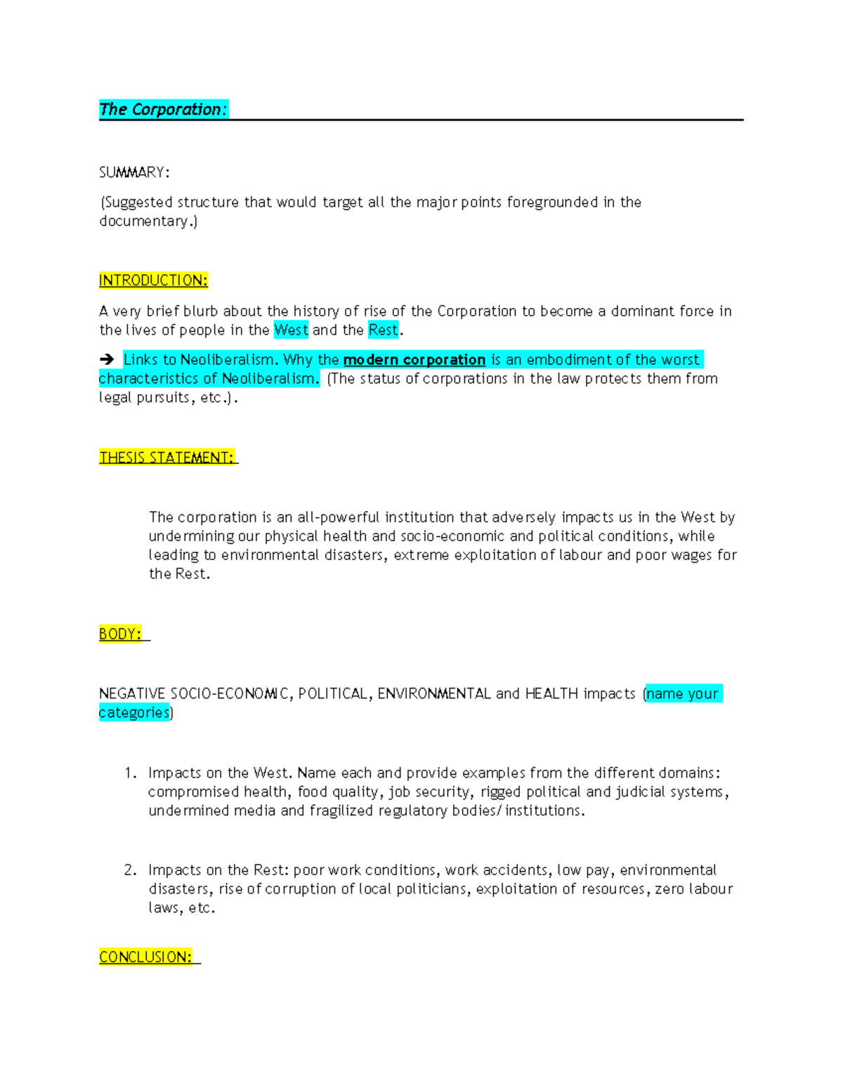 The Corporation Summary main points to include 2 - The Corporation ...