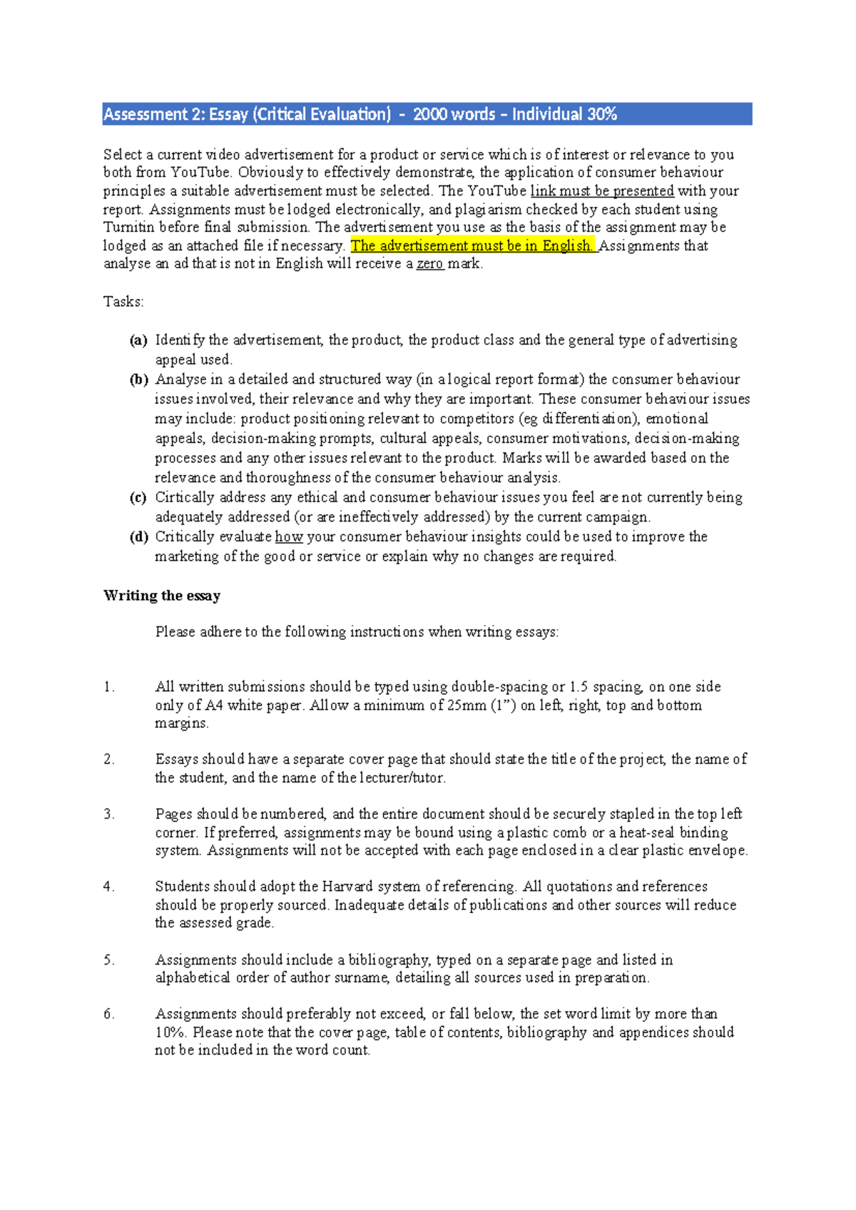 Ass 2 - assignment 2 - Assessment 2: Essay (Critical Evaluation) - 2000 words – Individual 30% ...