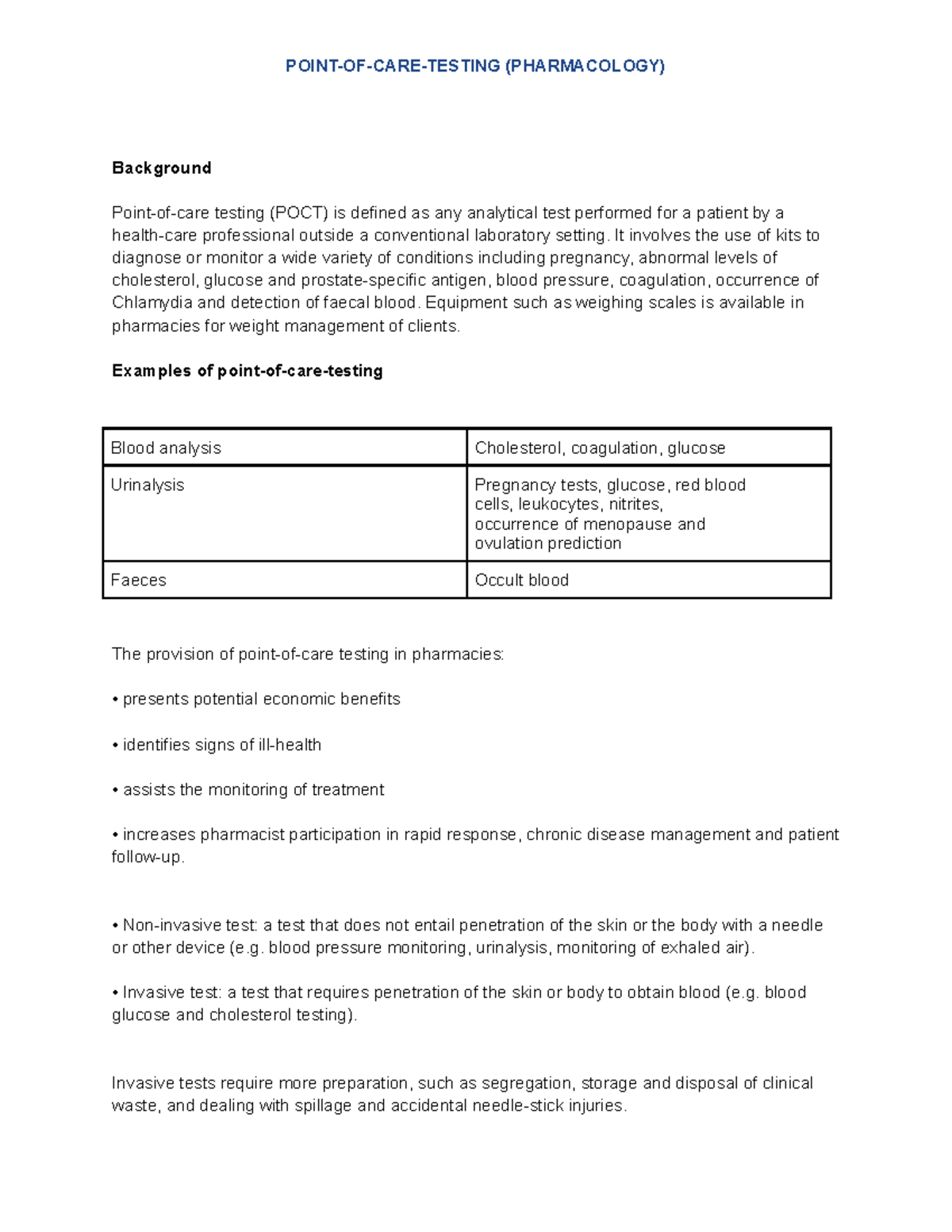 Point-OF-CARE Testing ( Pharmacology) - Background Point-of-care ...