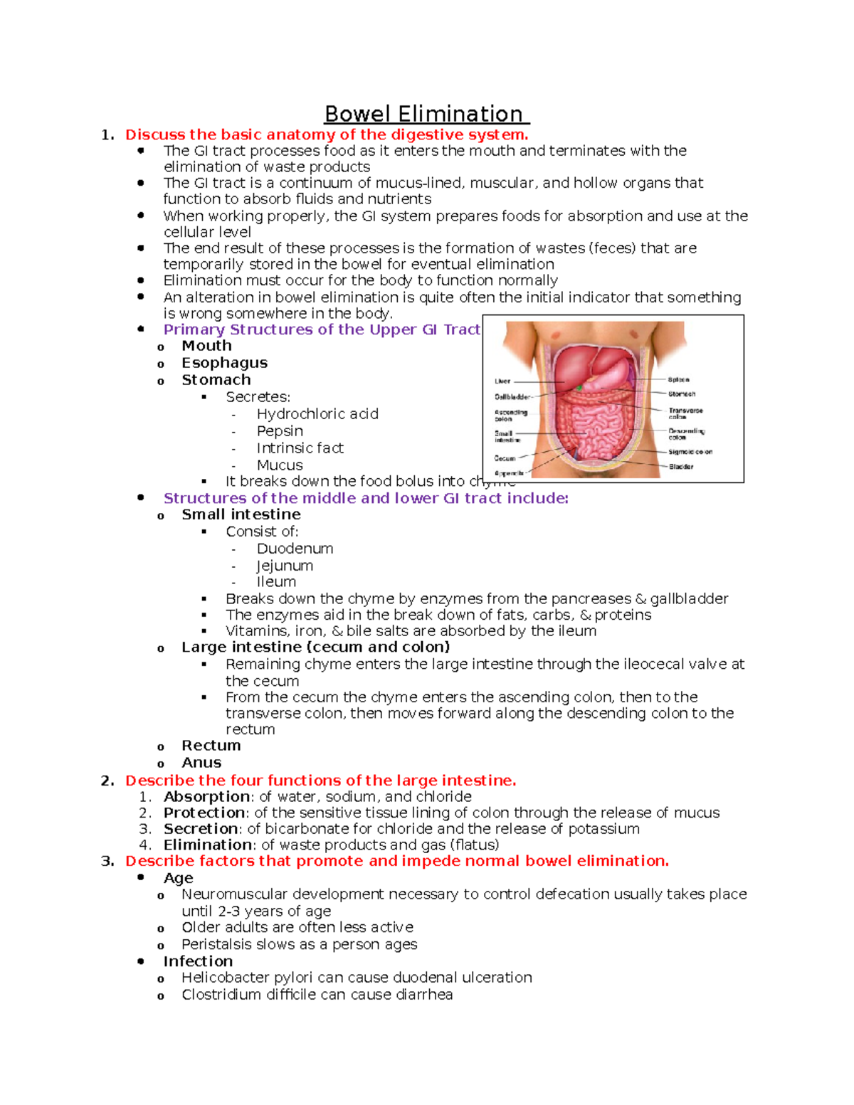 Bowel Elimination - Amy Rangel - Bowel Elimination 1. Discuss the basic ...