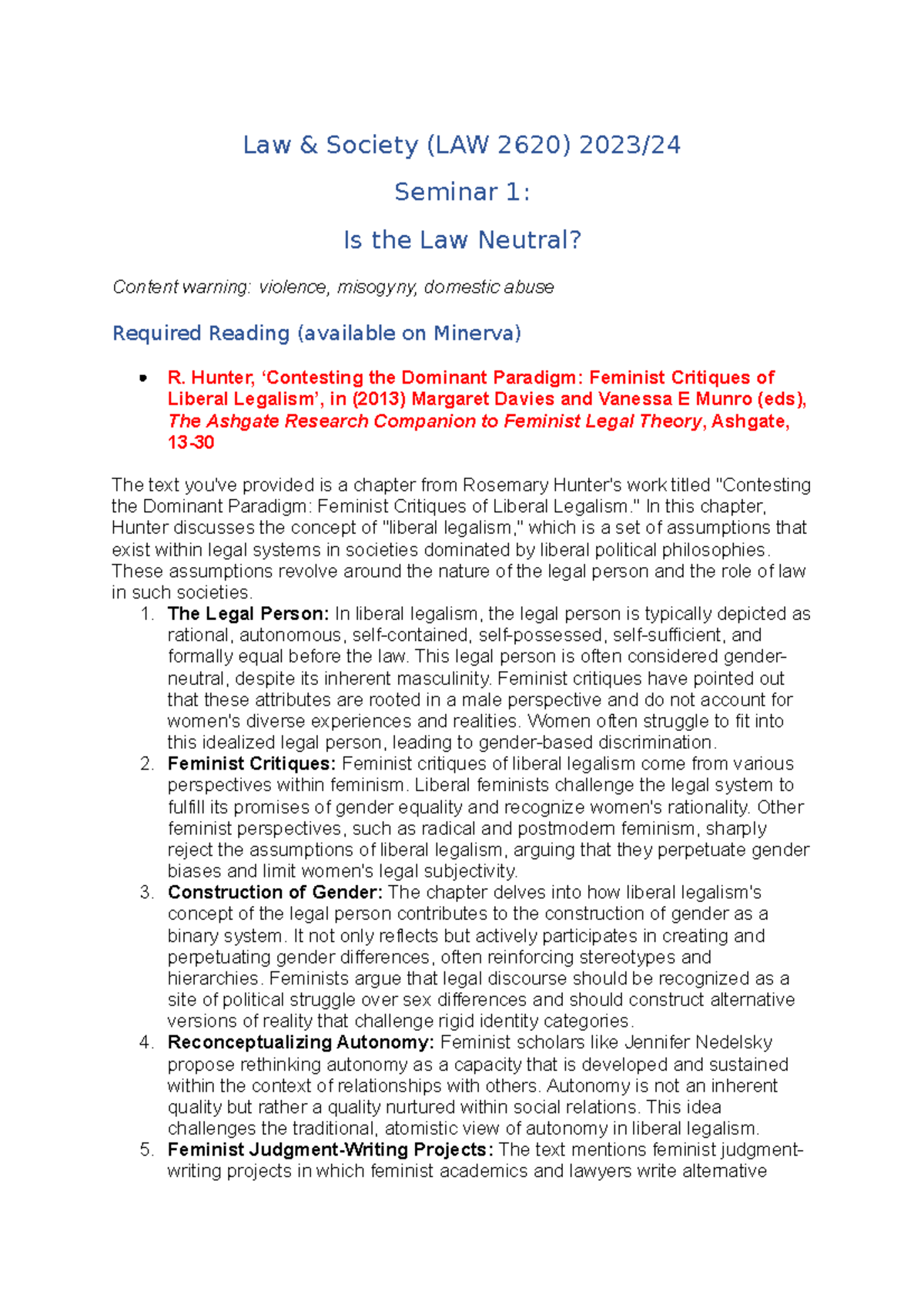 Seminar 1 Is the Law Neutral - Law & Society (LAW 2620) 2023/ Seminar 1 ...
