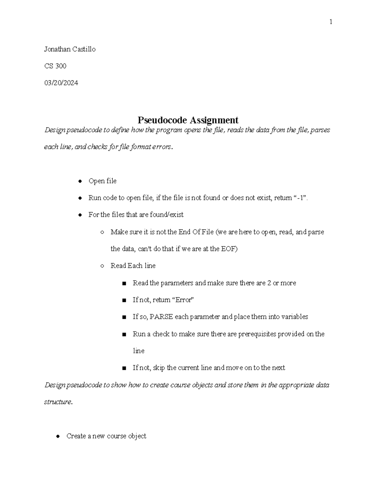 Pseudocode Assignment Cs300 1 Jonathan Castillo Cs 300 03 20