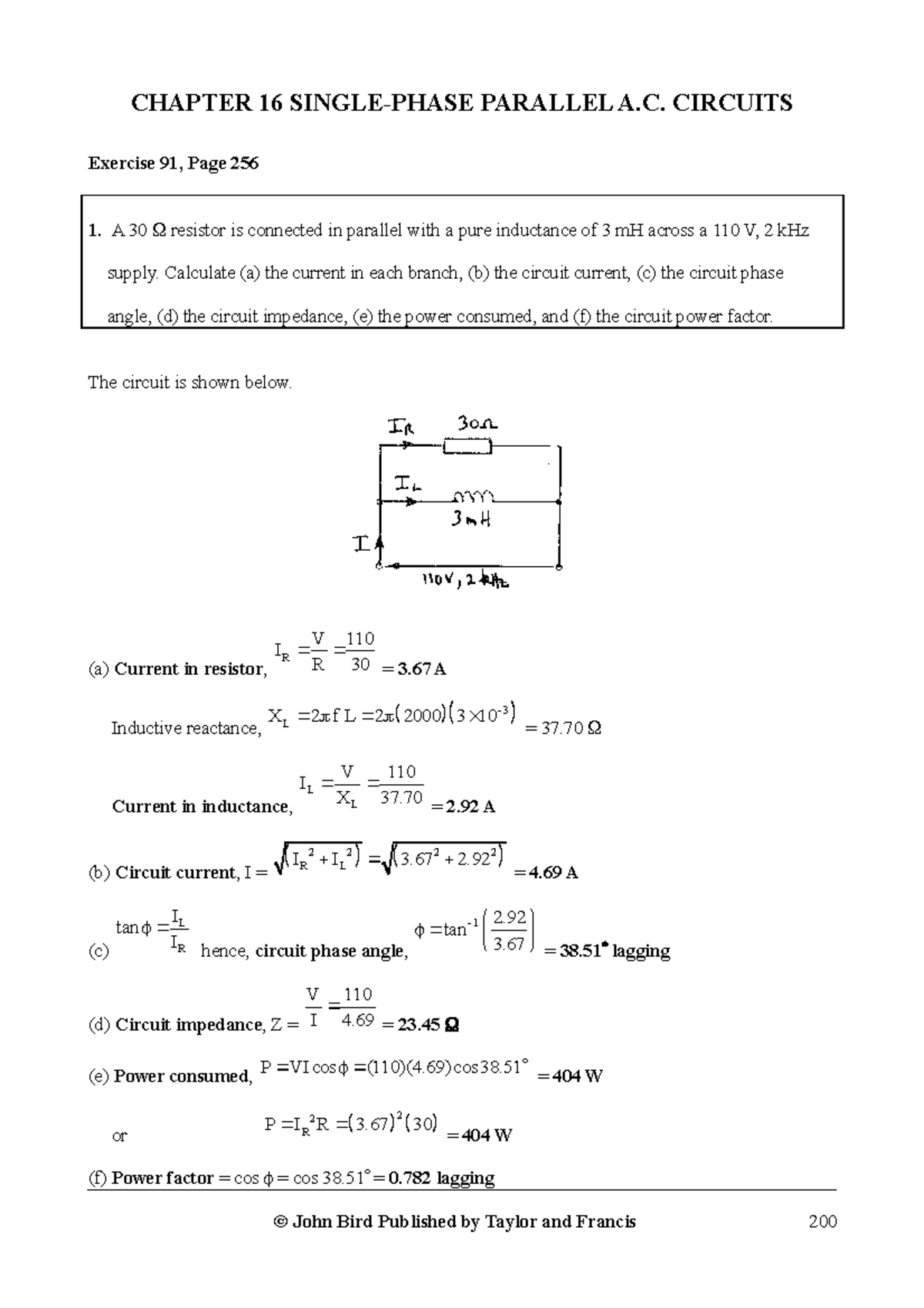 Chapter 16 - CHAPTER 16 SINGLE-PHASE PARALLEL A. CIRCUITS Exercise 91 ...