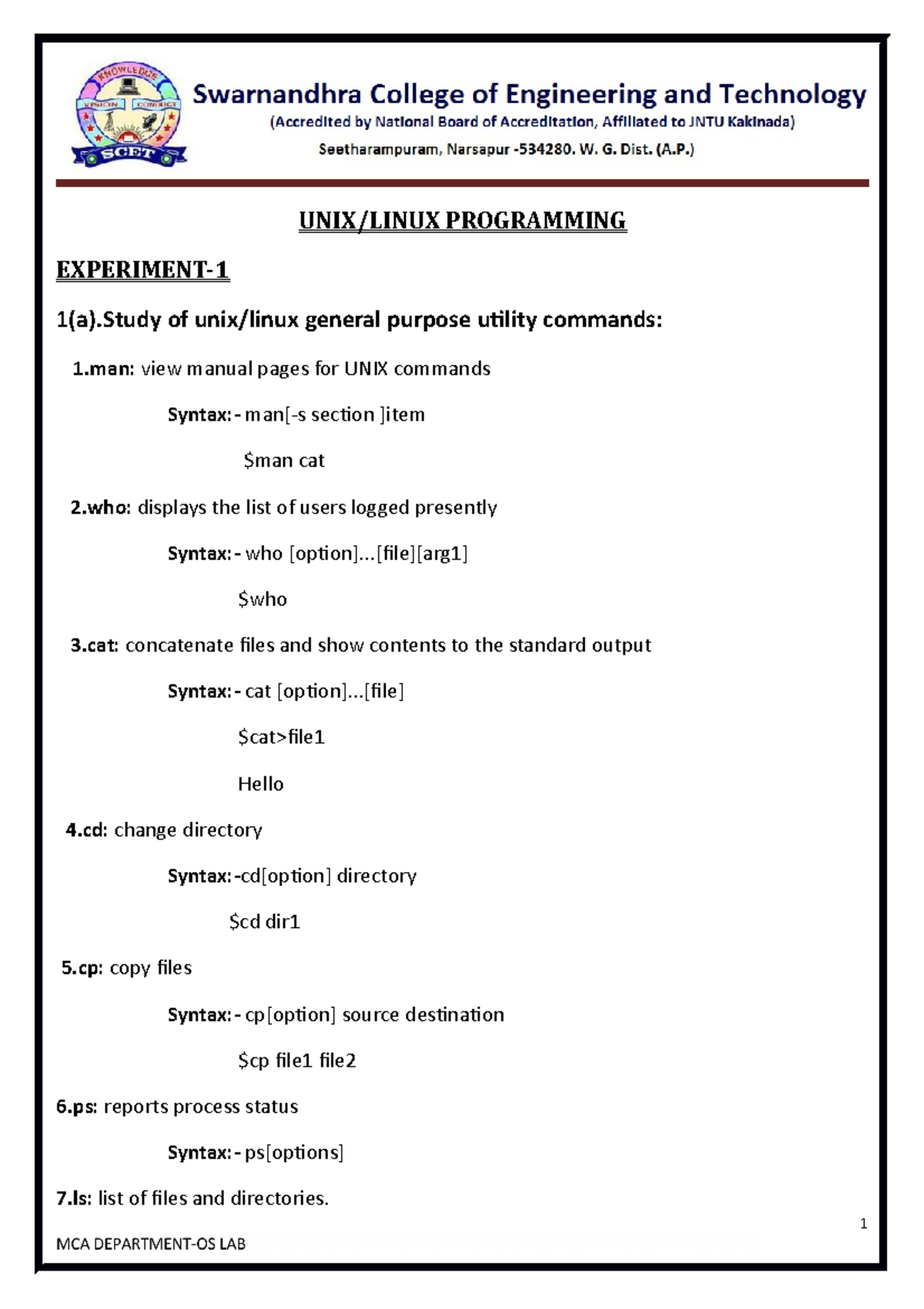 LAB 1 - reference material - UNIX/LINUX PROGRAMMING EXPERIMENT- 1(a).Study of unix/linux general ...