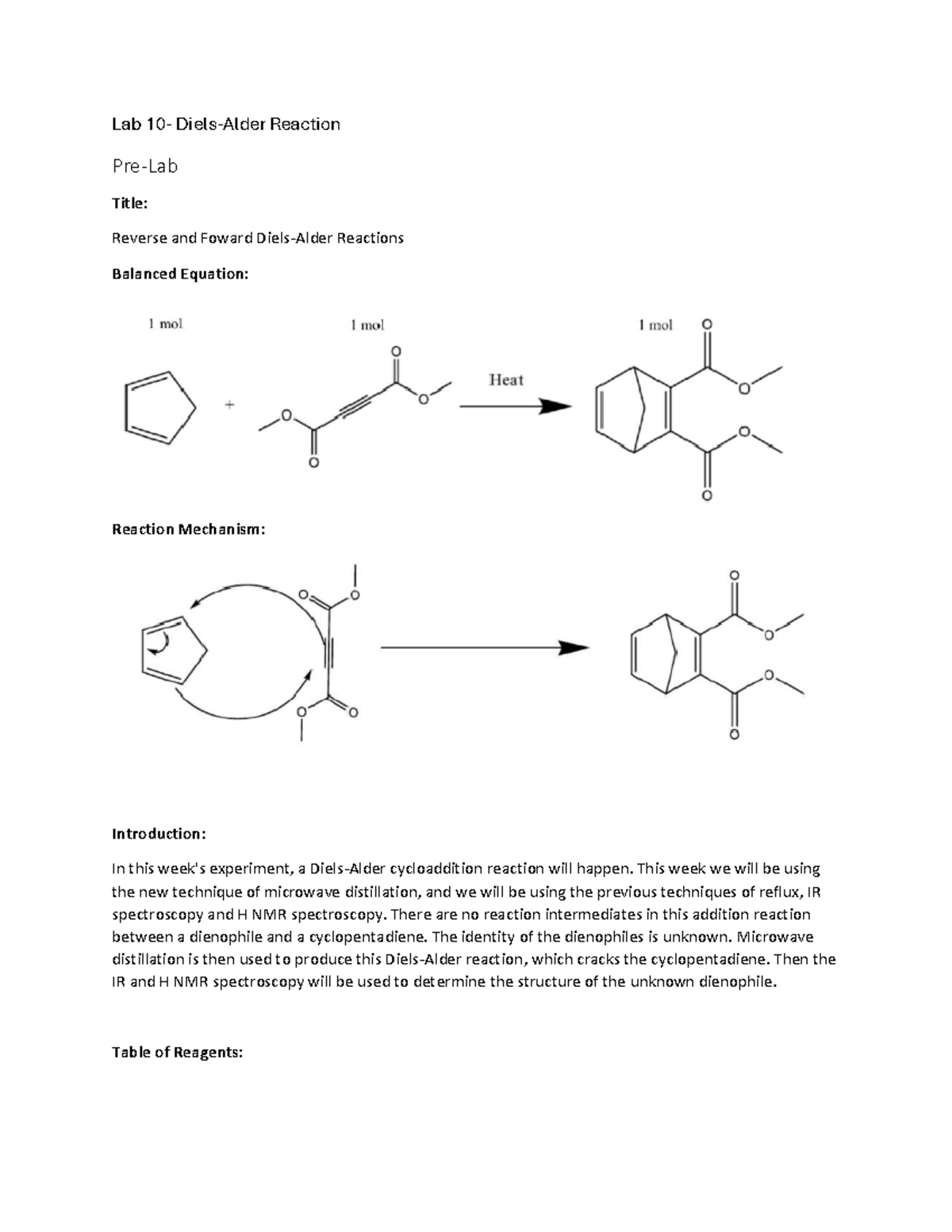 Lab 10 - Lab 10- Diels-Alder Reaction Pre-Lab Title: Reverse and Foward Diels-Alder Reactions ...