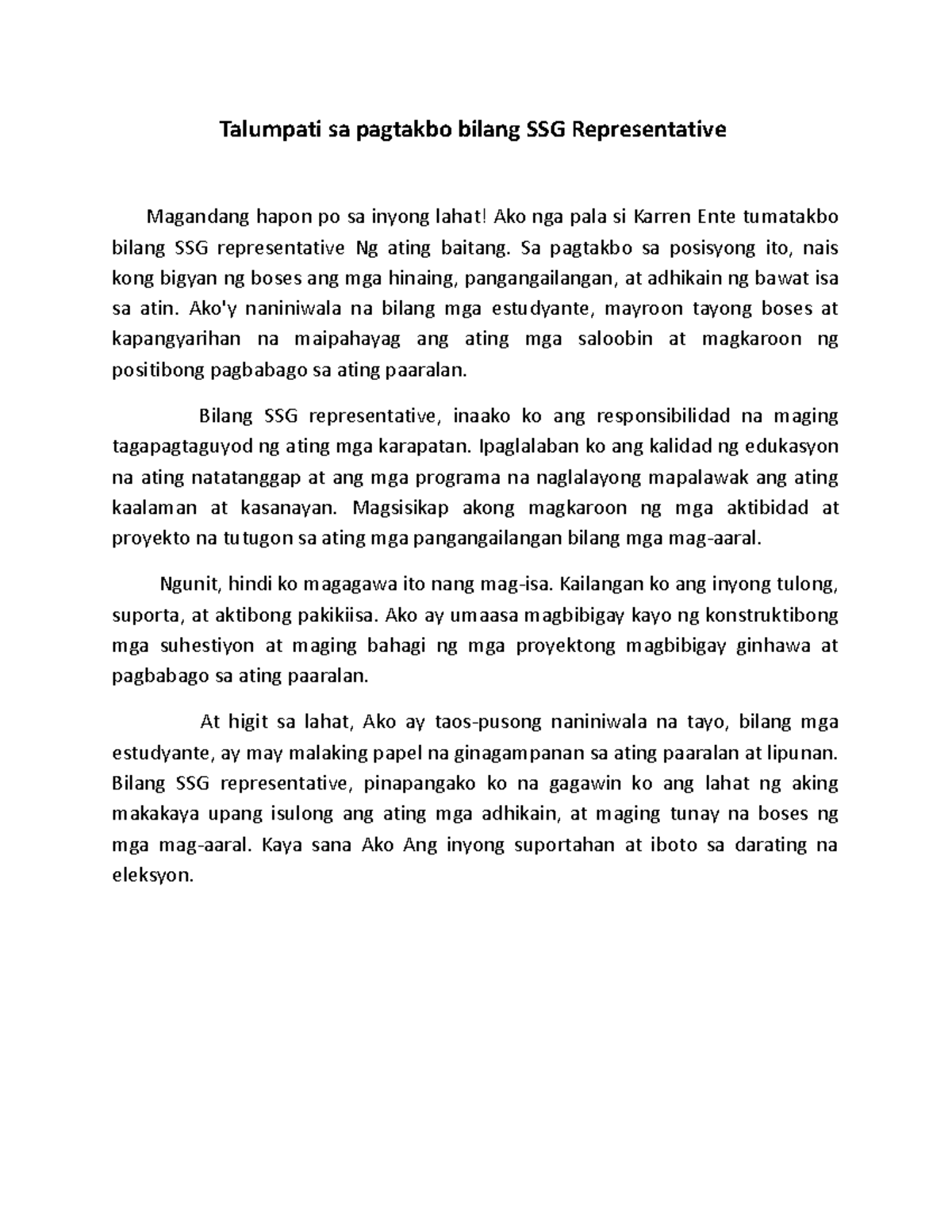 SSG talumpati - ambottttt - Talumpati sa pagtakbo bilang SSG Representative Magandang hapon po ...