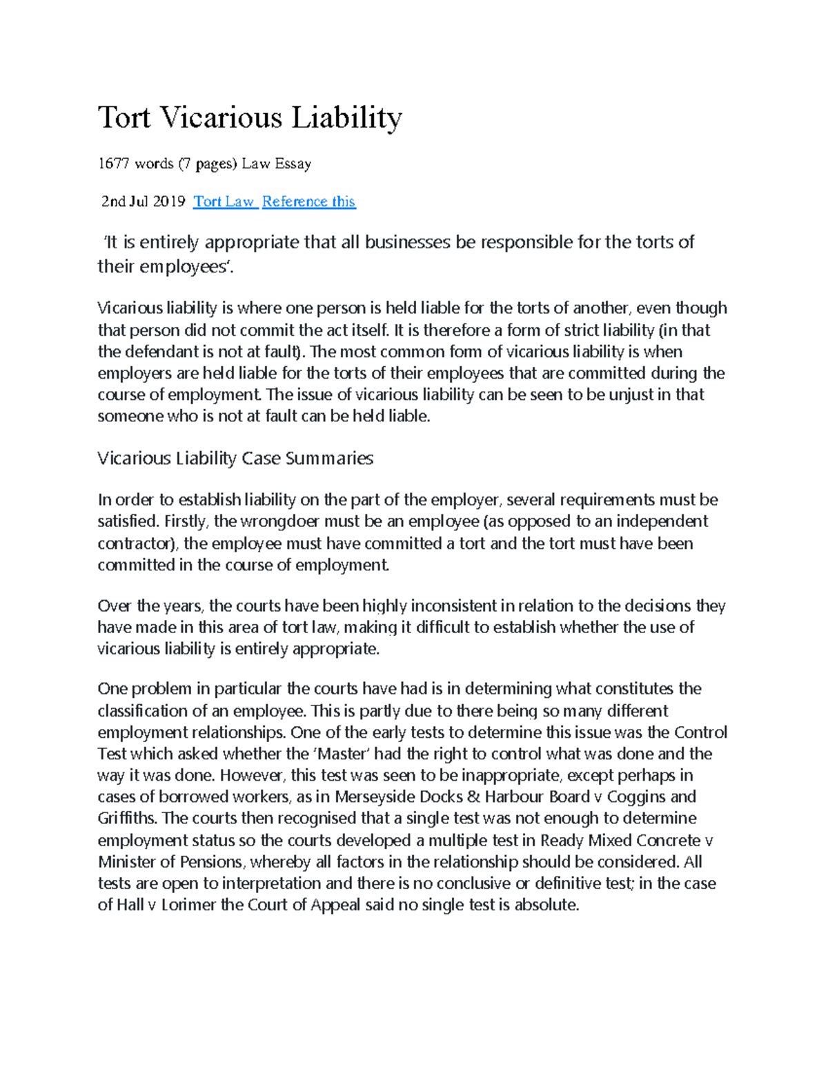 Tort Vicarious Liability LAW Teacher - Tort Vicarious Liability 1677 ...