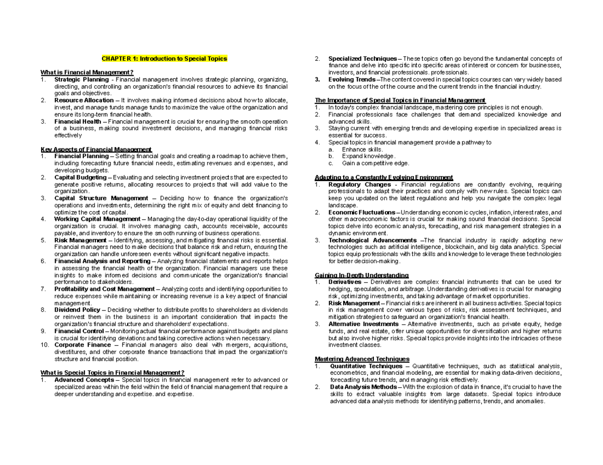 Special Topics Reviewer WITH QUIZ - CHAPTER 1: Introduction to Special ...