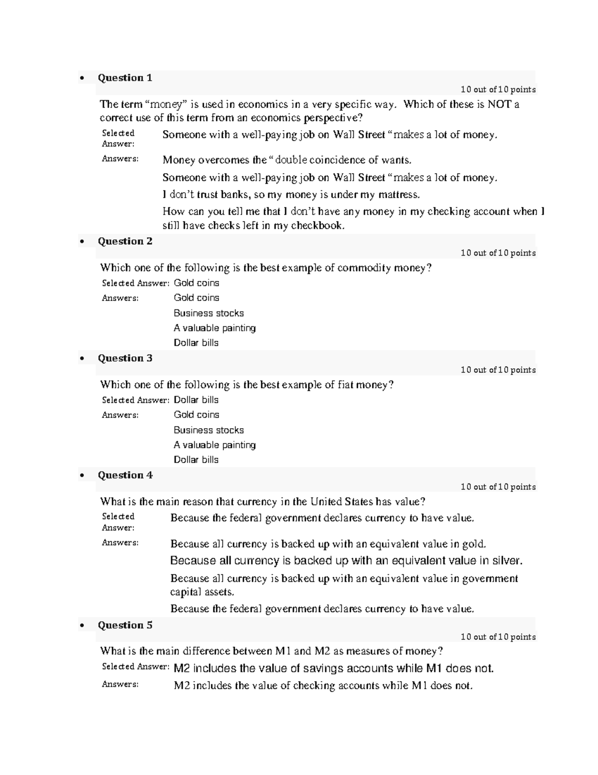 Econ 1101 Quiz 8 - This quiz covers Chapter 11. - • Question 1 10 out of 10 points The term ...