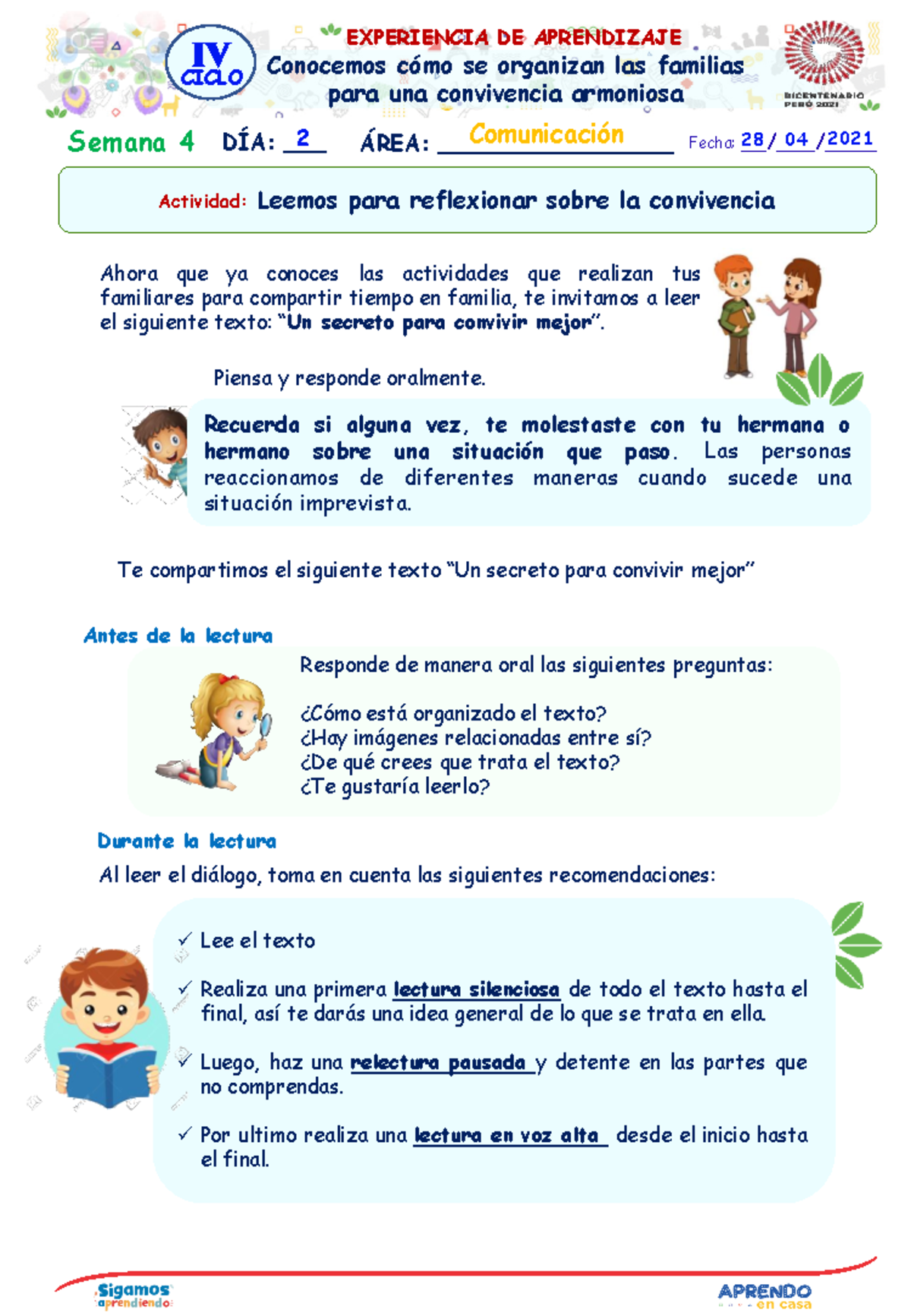 Semana 4 Dia 3 Com Leemos Para Reflexionar Sobre La Convivencia 3ro ...