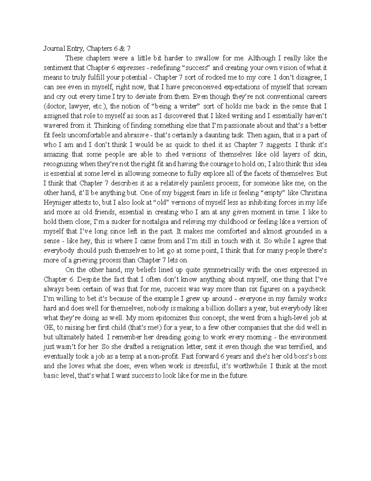 Roadmap Response Chapters 6 and 7 - Journal Entry, Chapters 6 & 7 These ...