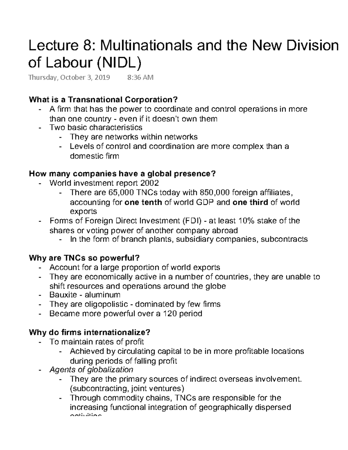 Lecture 8 Multinationals and the New Division of Labour (NIDL ...