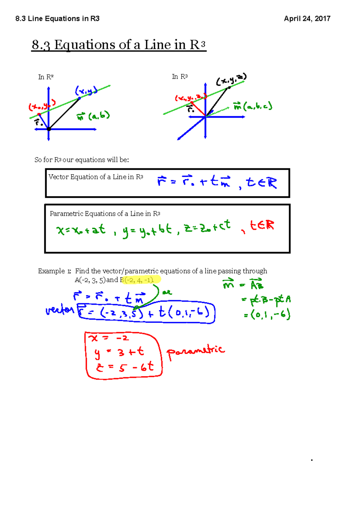 8 - Summary Advanced Functions - 8 Equations of a Line in R 3 In R 2 In ...