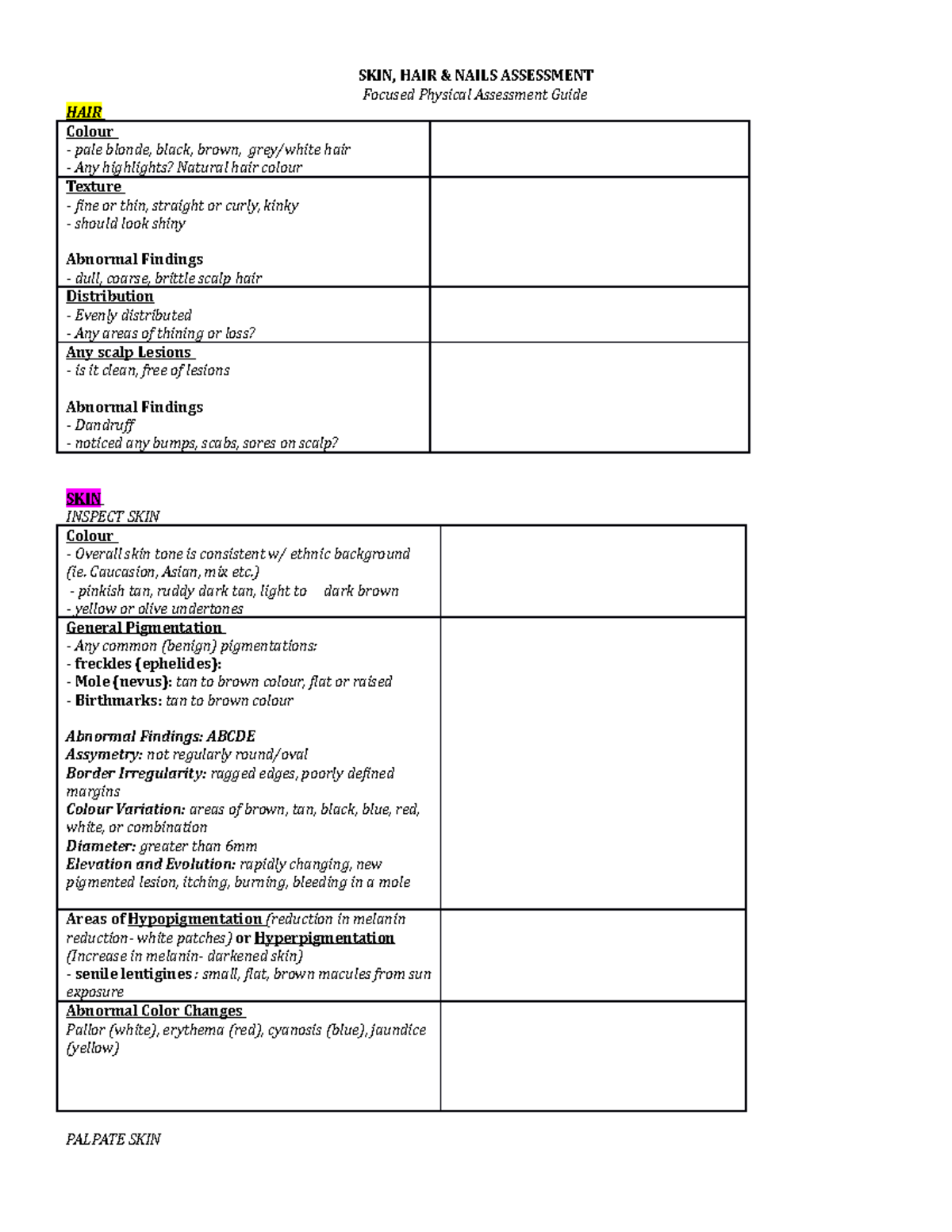 Skin Hair Nails Assessment - SKIN, HAIR & NAILS ASSESSMENT Focused ...
