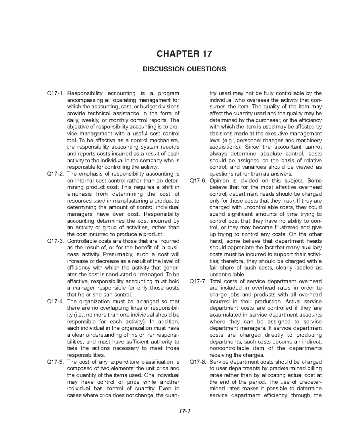 Solution Manual Cost Aaccounting 14e by Carter Ch17 - CHAPTER 17 DISCUSSION QUESTIONS 17- Q17-1 ...