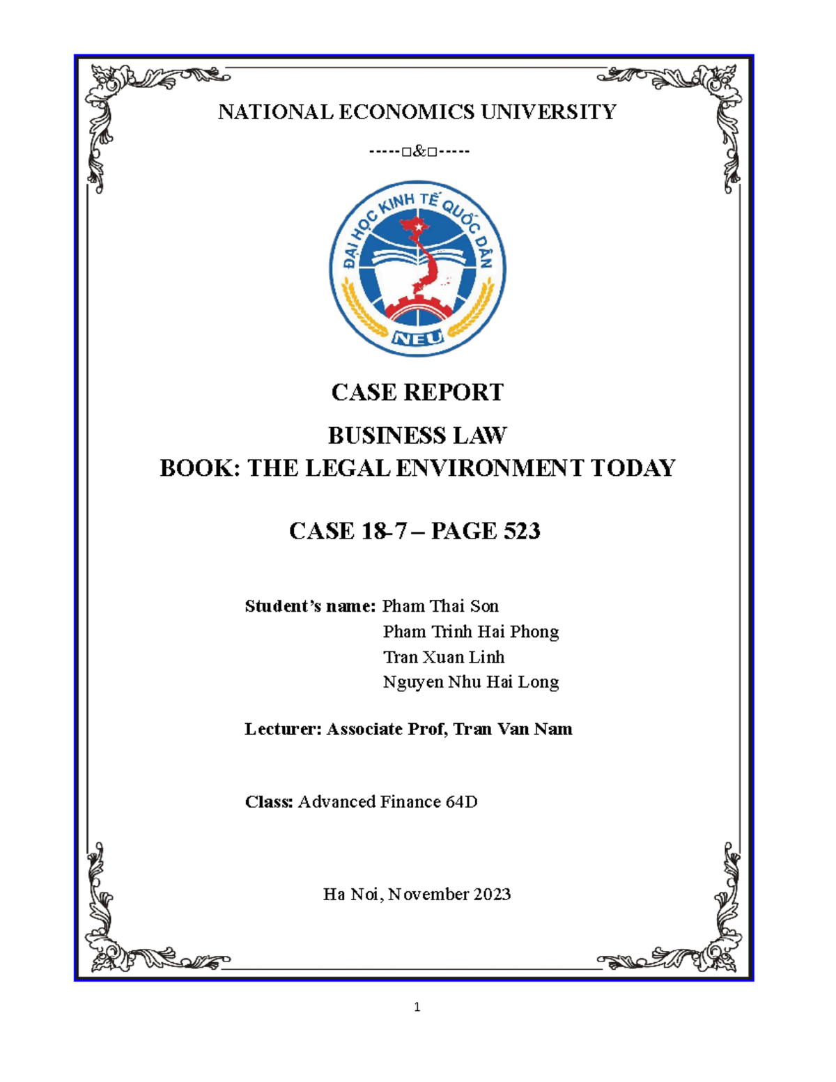 Business-LAW CASE-18-7 - NATIONAL ECONOMICS UNIVERSITY - & - CASE ...