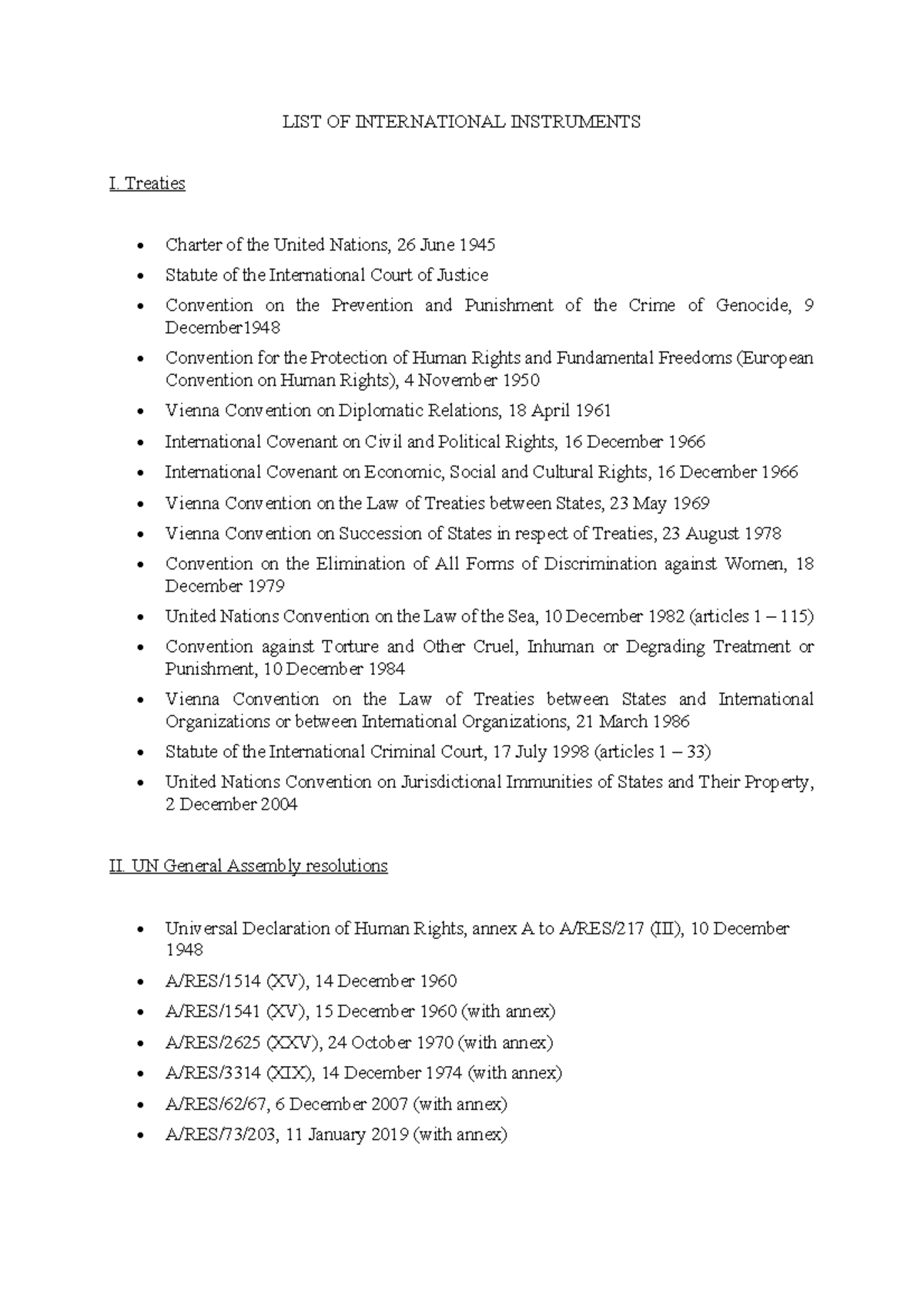 LIST OF International Instruments - LIST OF INTERNATIONAL INSTRUMENTS I ...