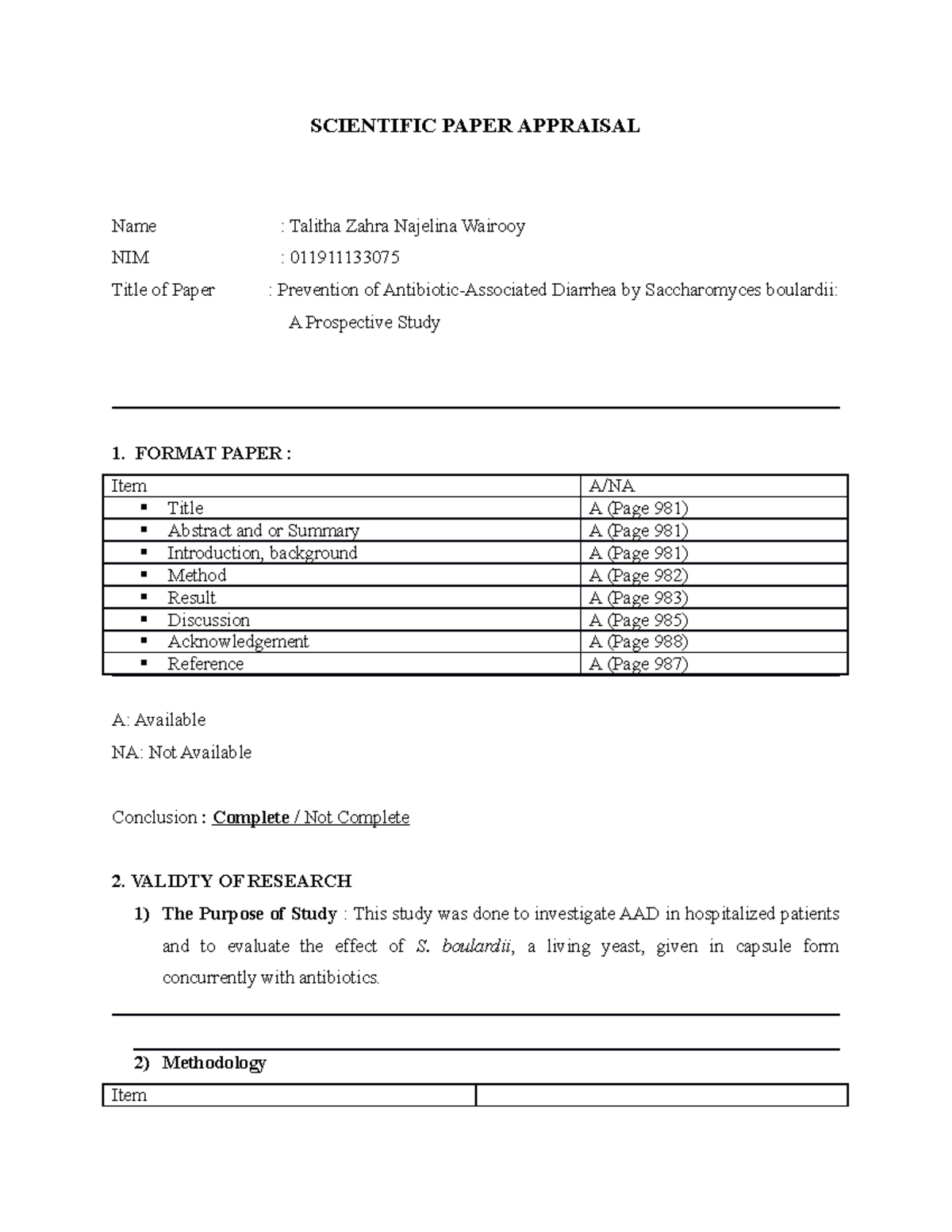 Paper Appraisal NEW - tugas - SCIENTIFIC PAPER APPRAISAL Name : Talitha ...