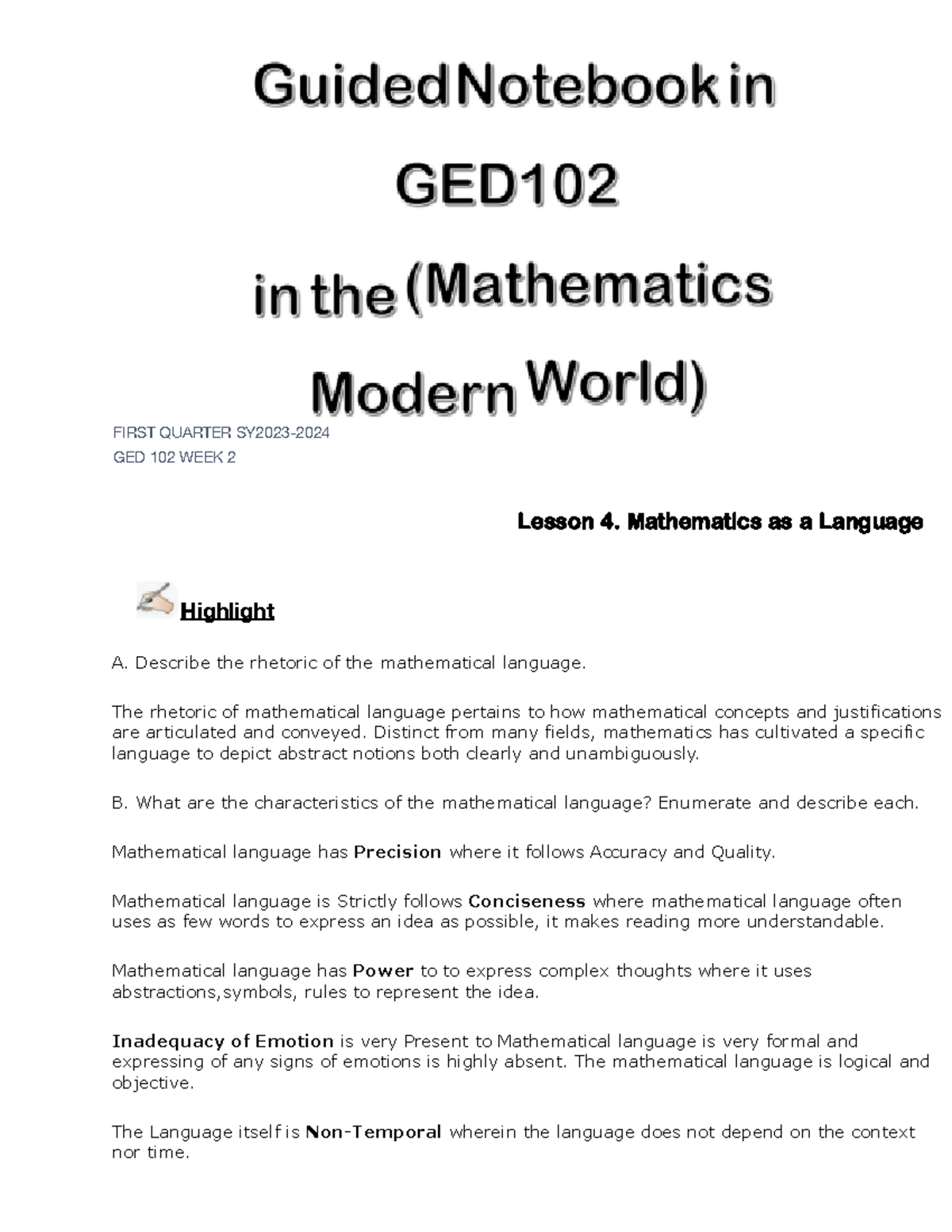GED102 WGN2 pdf - Brief Summary - FIRST QUARTER SY2023- GED 102 WEEK 2 ...