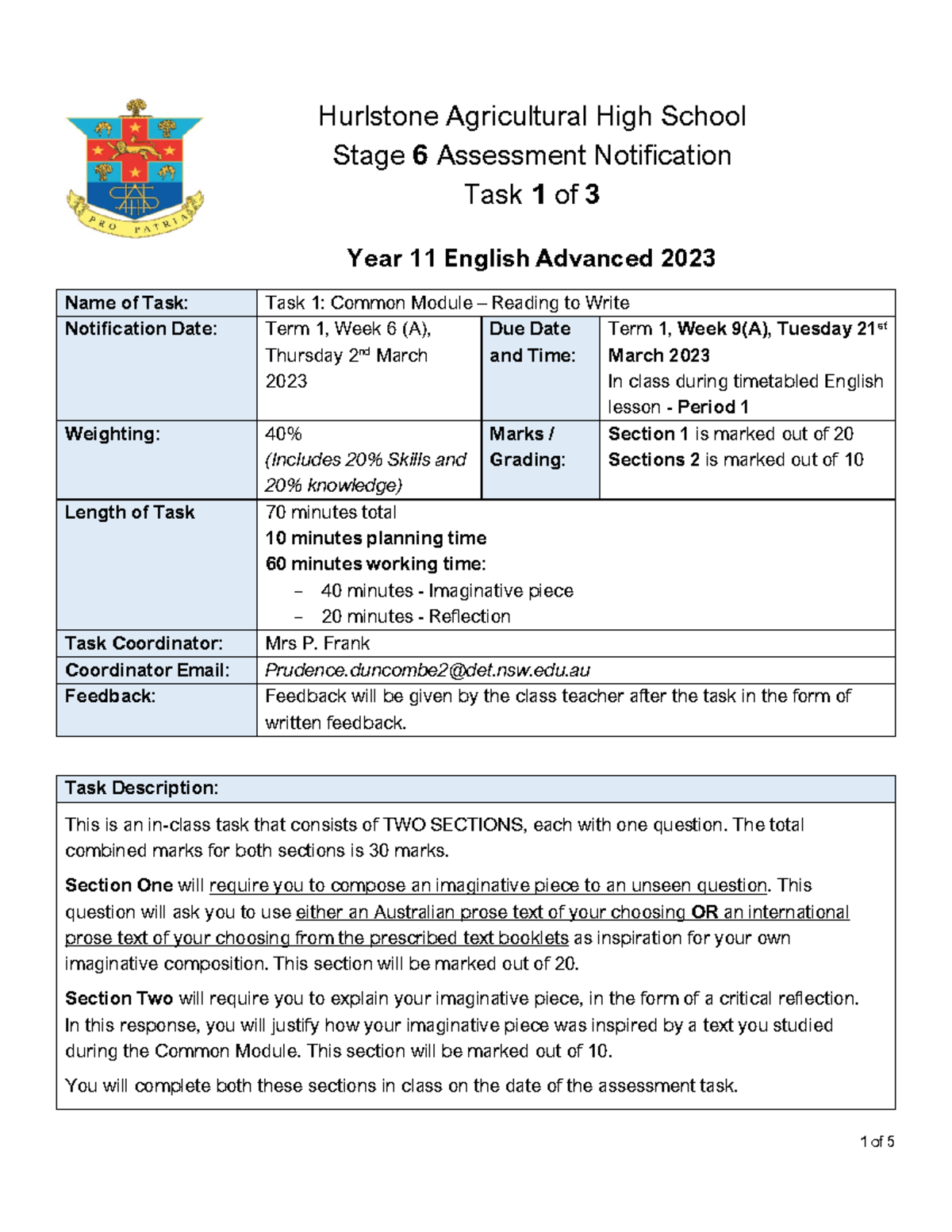 HAHS 2023 Year 11 English Advanced Task 1 Notification 1 - Hurlstone ...