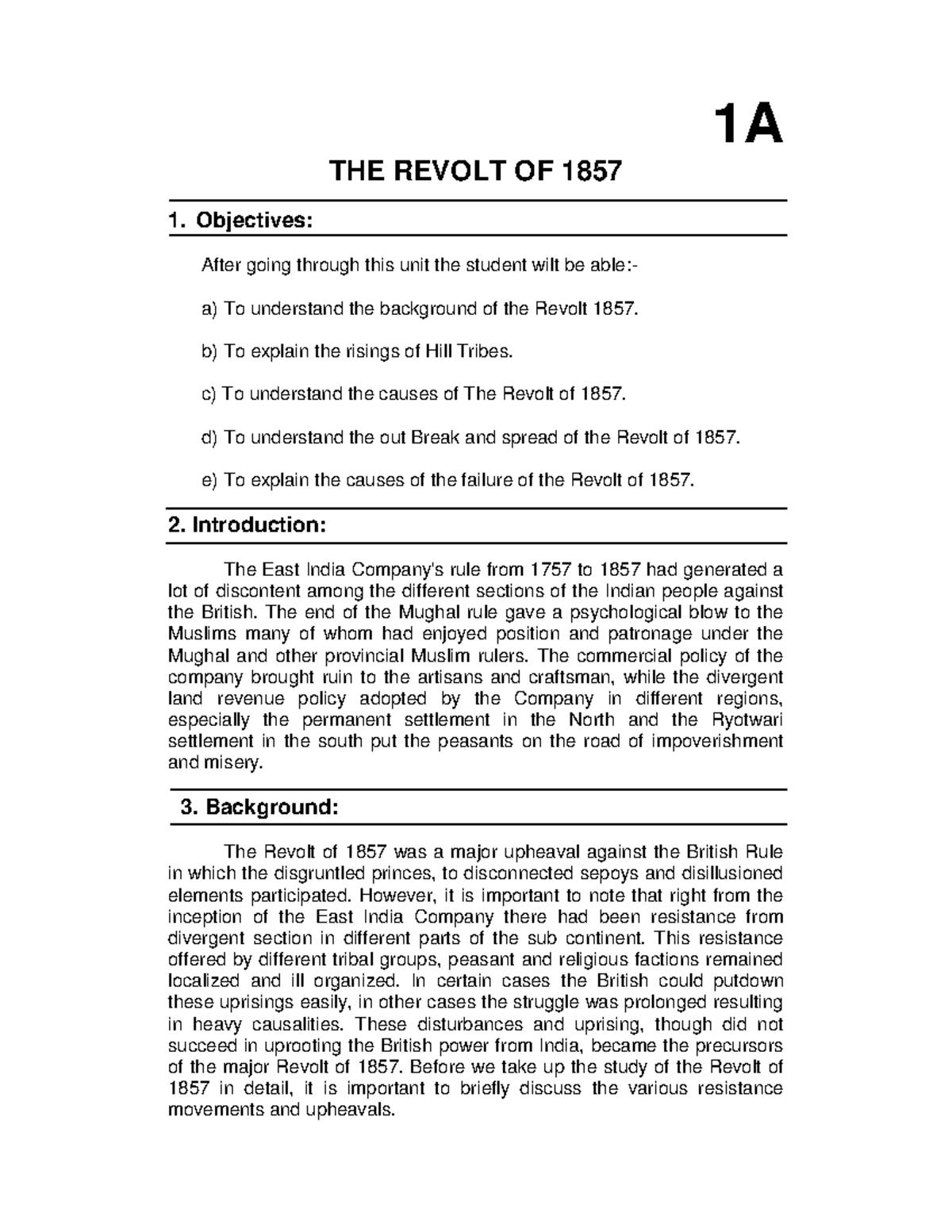 Revolt 1857 Notes - 1A THE REVOLT OF 1857 1. Objectives: After going ...
