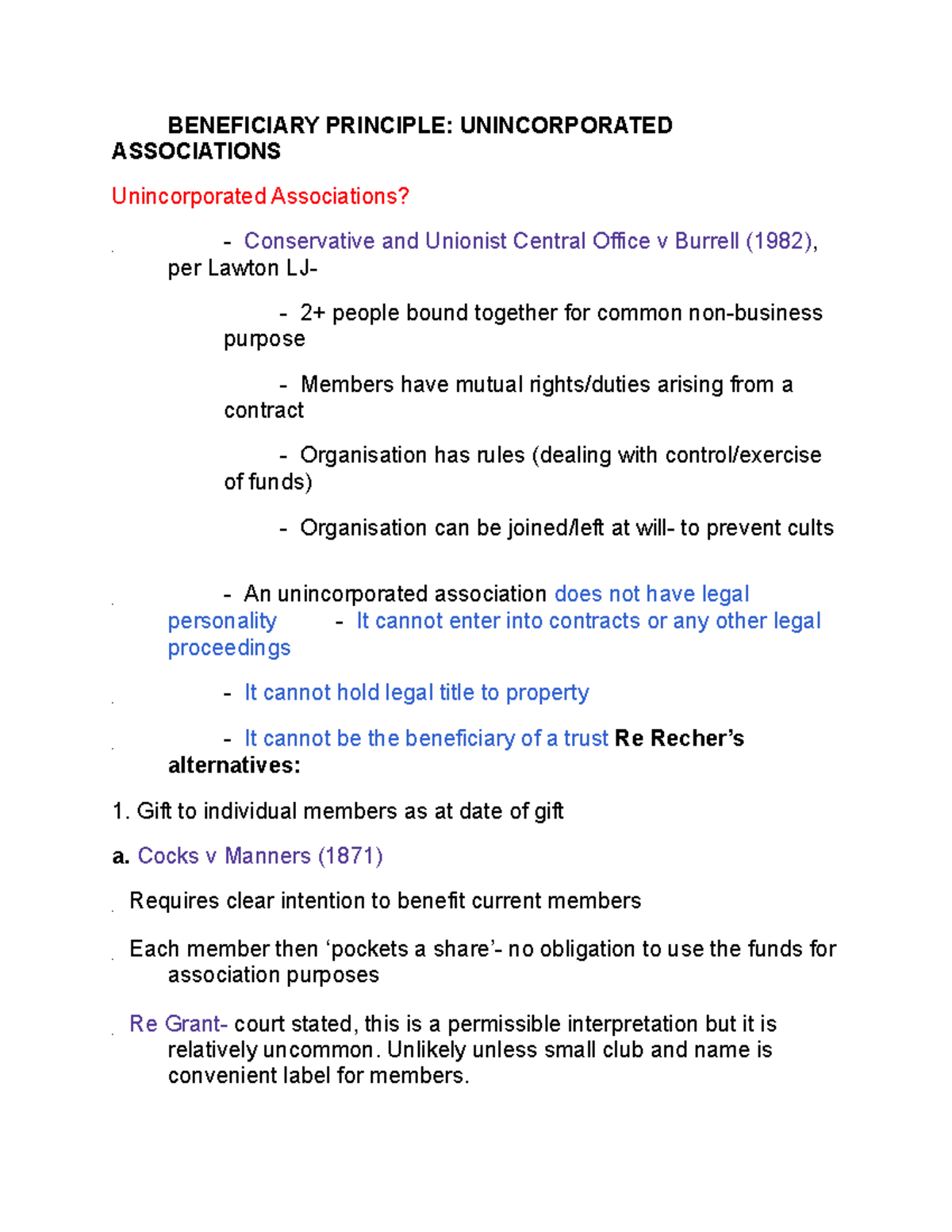 Beneficiary Principle- Unincorporated Associations - BENEFICIARY PRINCIPLE: UNINCORPORATED - Studocu