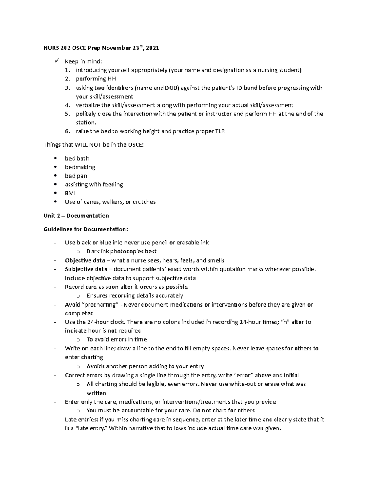 NURS 202 OSCE Document - NURS 202 OSCE Prep November 23rd, 2021 Keep in ...