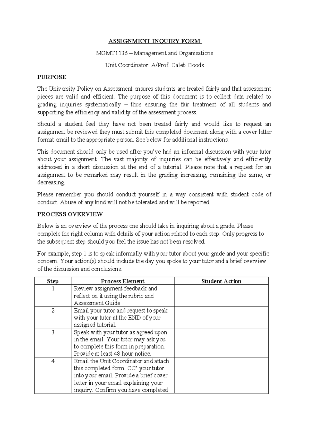 Assignment Inquiry FORM - ASSIGNMENT INQUIRY FORM MGMT1136 – Management and Organisations Unit ...