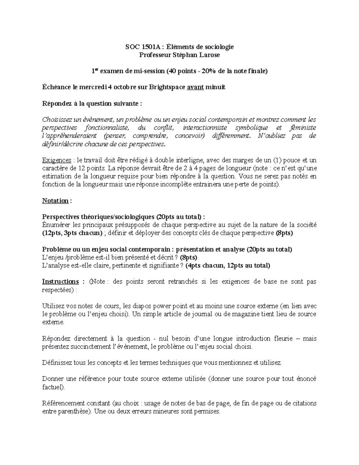 Mi-session 1 - notes - SOC 1501A : Éléments de sociologie Professeur ...