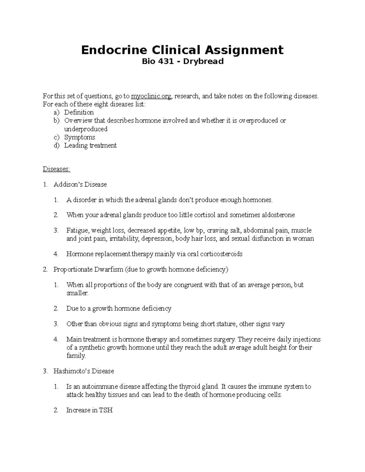 Endocrine clinical assignment - Endocrine Clinical Assignment Bio 431 - Drybread For this set of ...