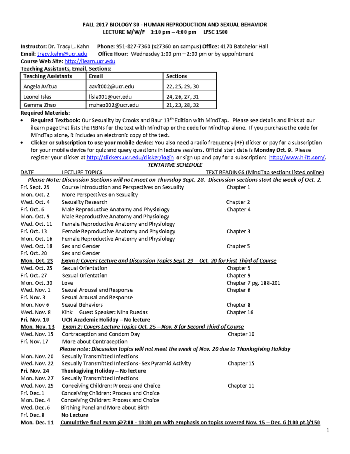 Bio30Syllabus - syllabus - FALL 2017 BIOLOGY 30 - HUMAN REPRODUCTION ...