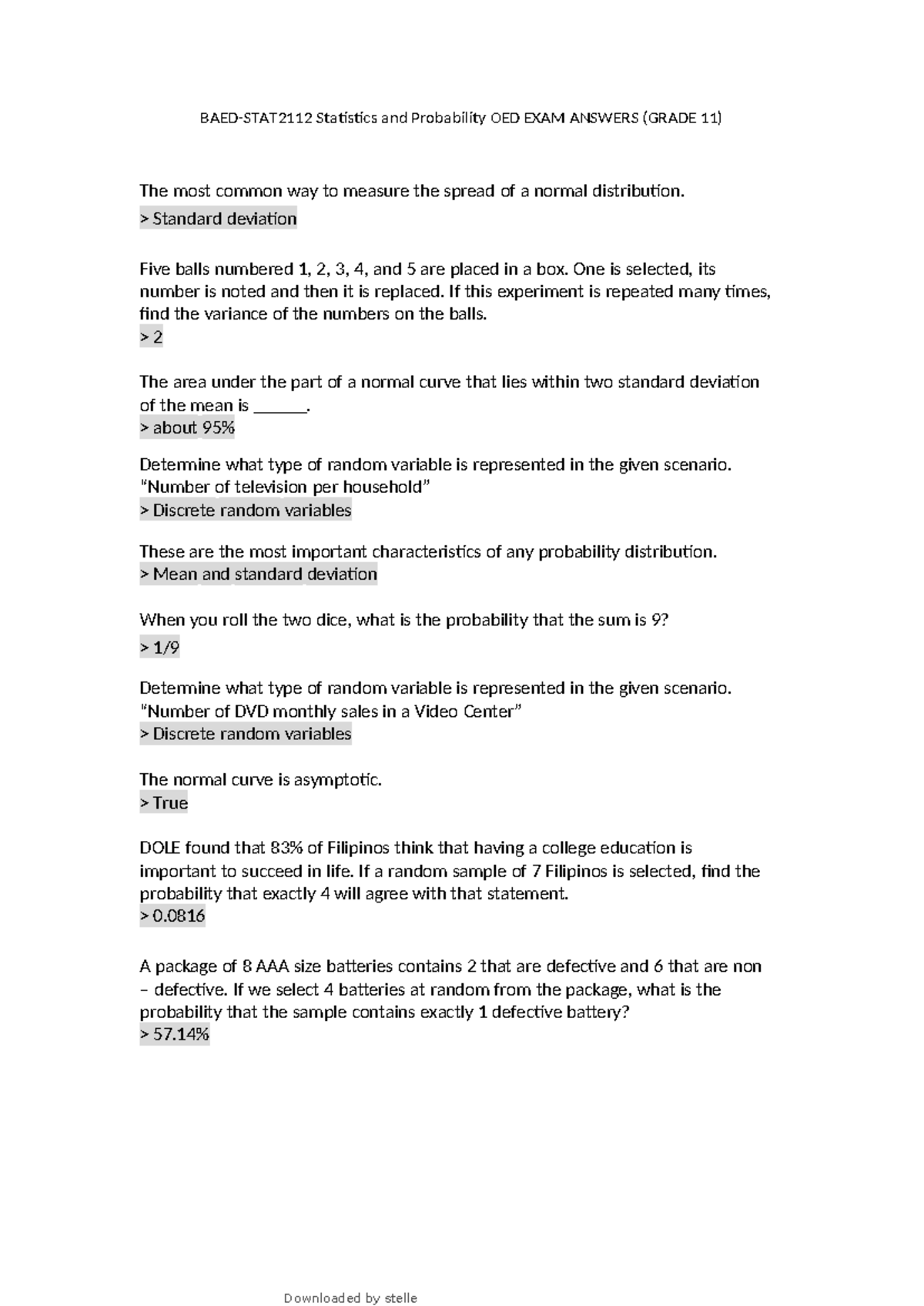 Statistics & Probability OED Exam - 1st Quarter - BAED-STAT2112 ...
