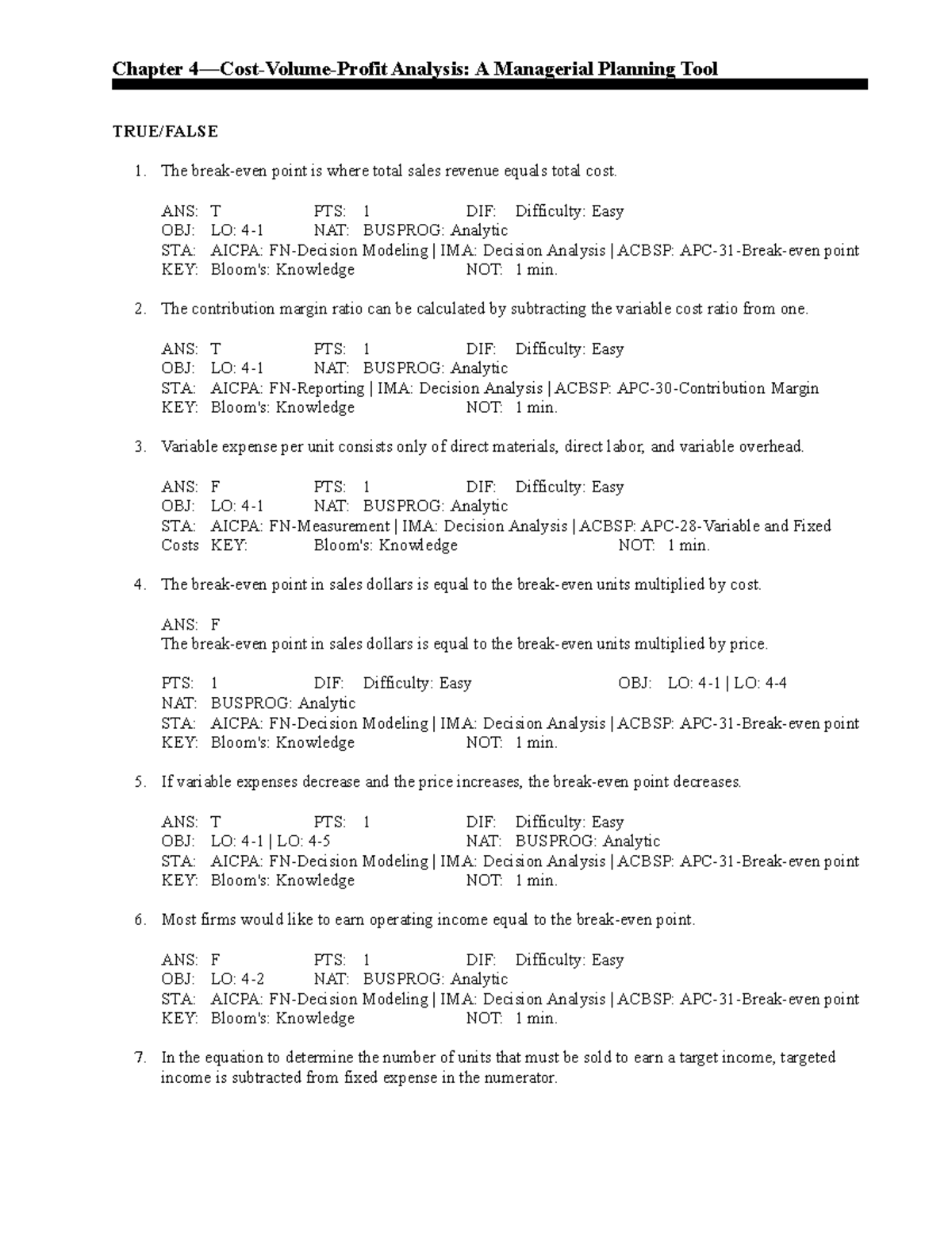 CH 04 - COST Volume Profit Analysis - Chapter 4—Cost-Volume-Profit Analysis: A Managerial ...