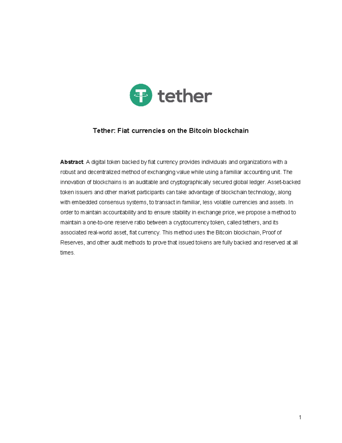 Tether White Paper - Tether: Fiat currencies on the Bitcoin blockchain ...