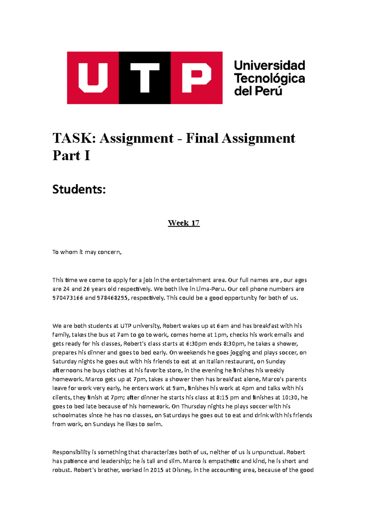 Week 17 Task Assignment Final Assignment Part I Task Assignment