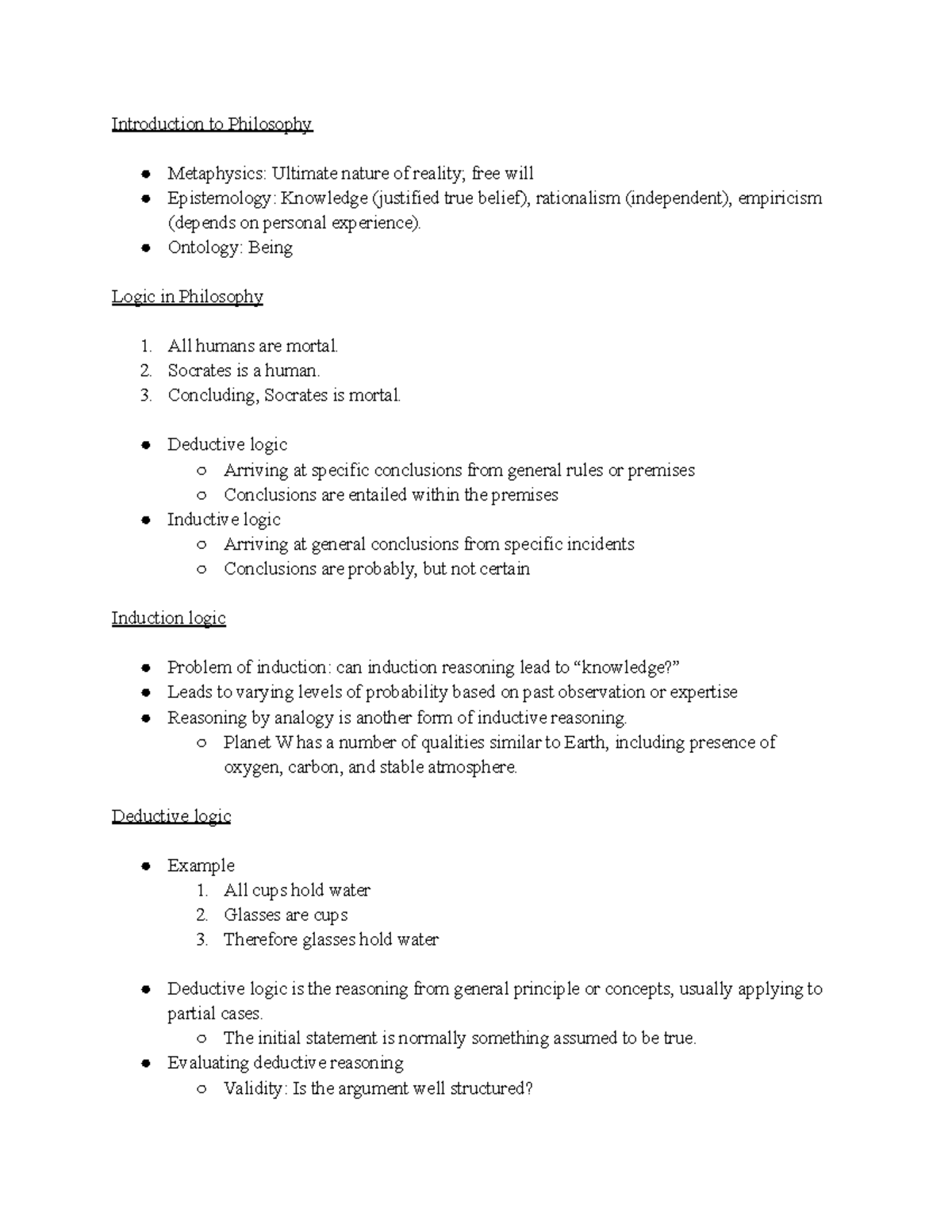 Philosophy Notes - Lecture summary of information - Introduction to ...