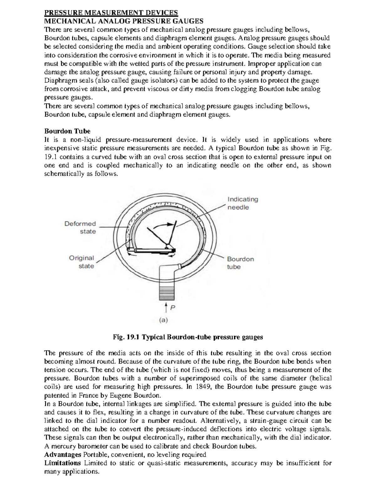 Pressure & TEMP. Measurement - PRESSURE MEASUREMENT DEVICES MECHANICAL ...