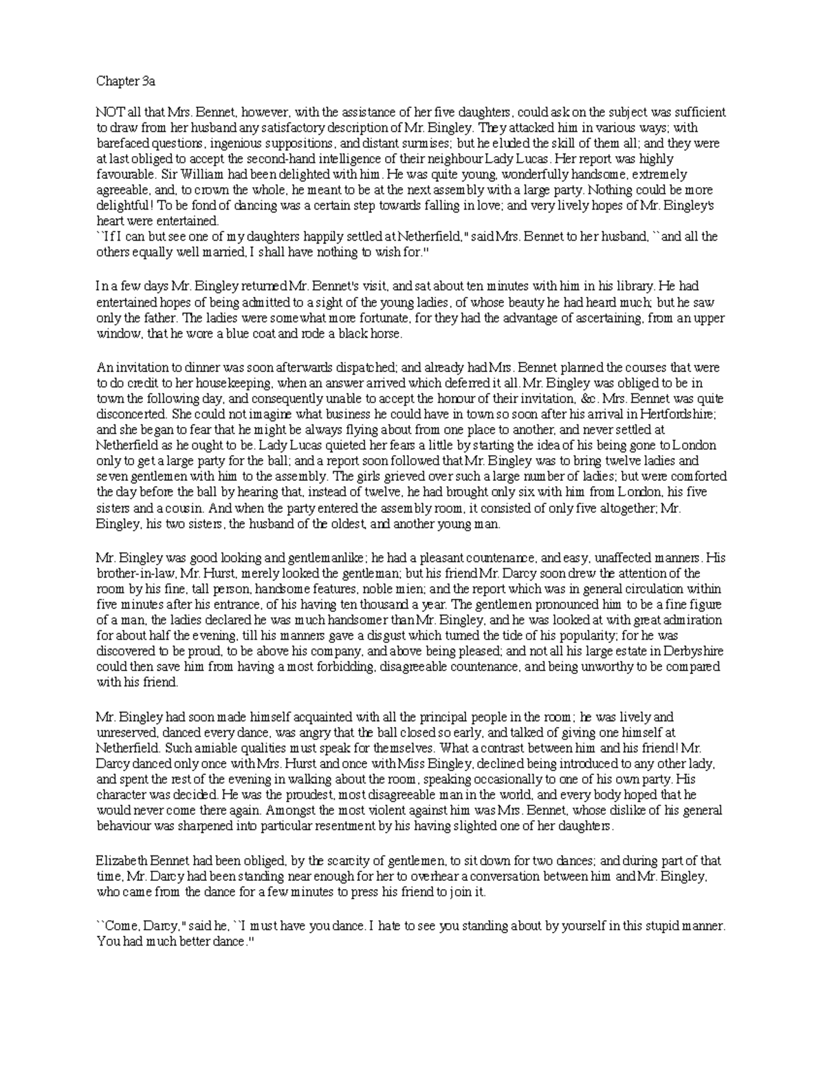 Pride Prejudice Chapter 3a - Chapter 3a NOT all that Mrs. Bennet ...