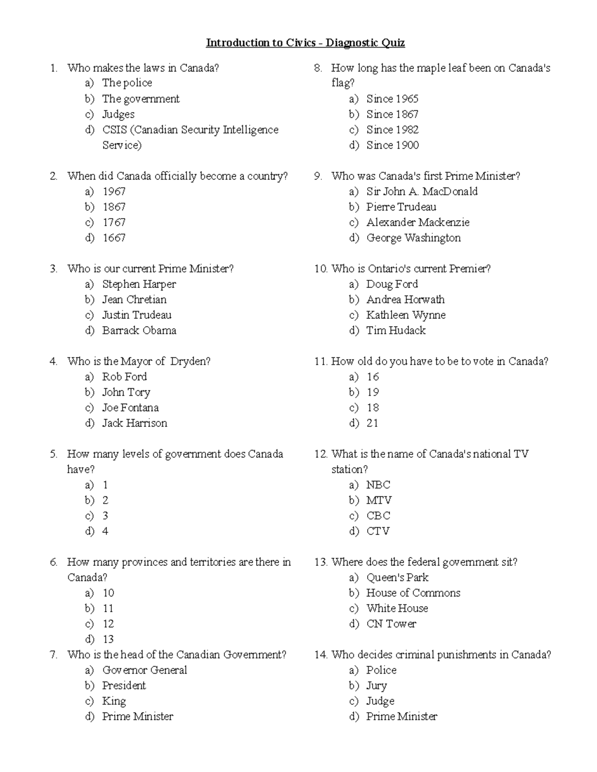 CHV2O diagnostic quiz - Introduction to Civics - Diagnostic Quiz Who ...