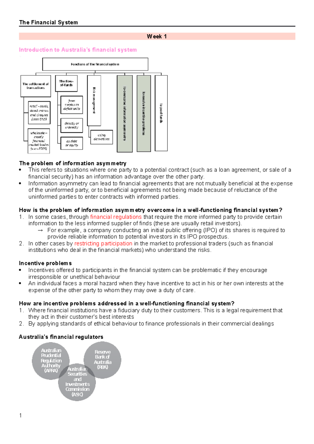 The Financial System notes - The Financial System Week 1 Introduction ...
