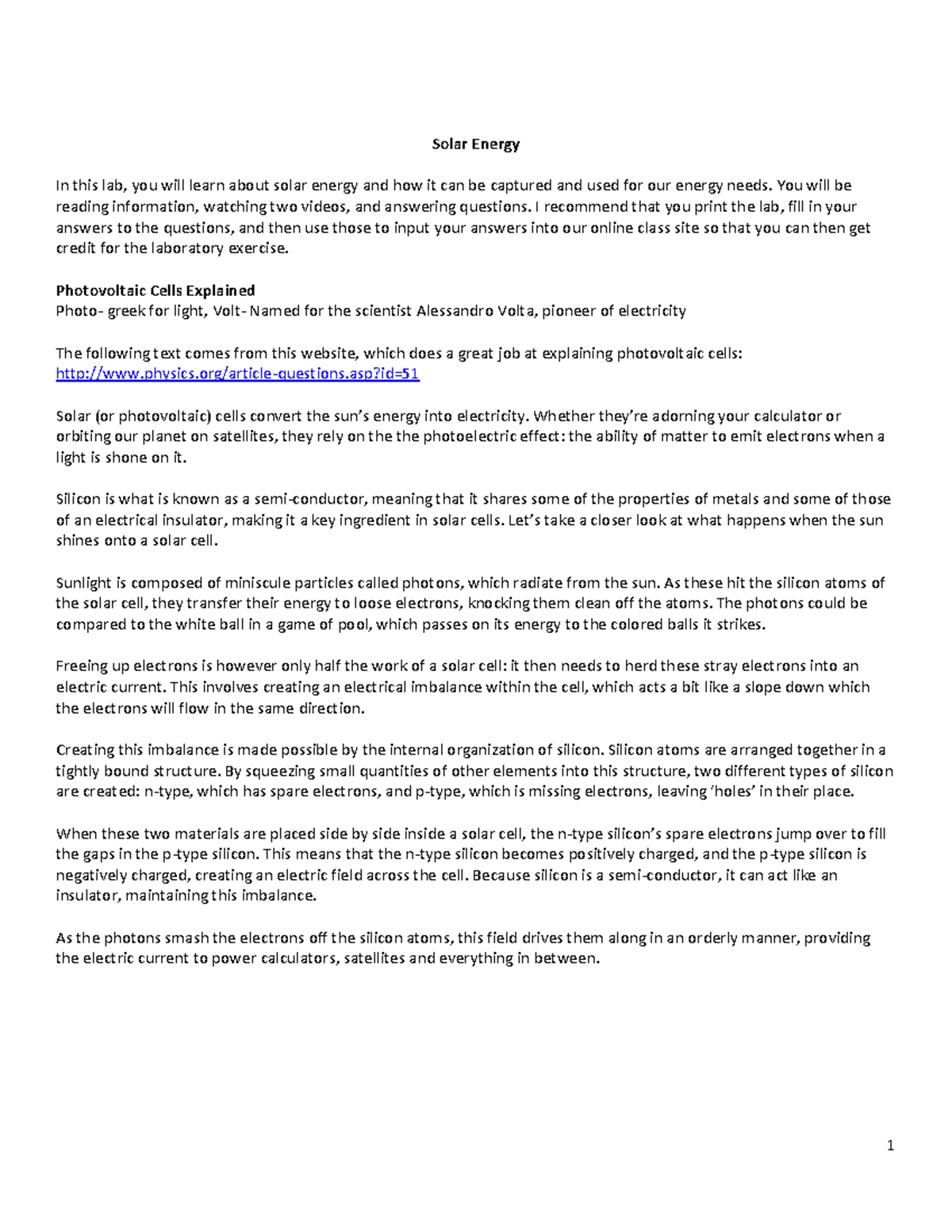 Solar-Energy - Solar Energy Notes - 1 Solar Energy In this lab, you ...