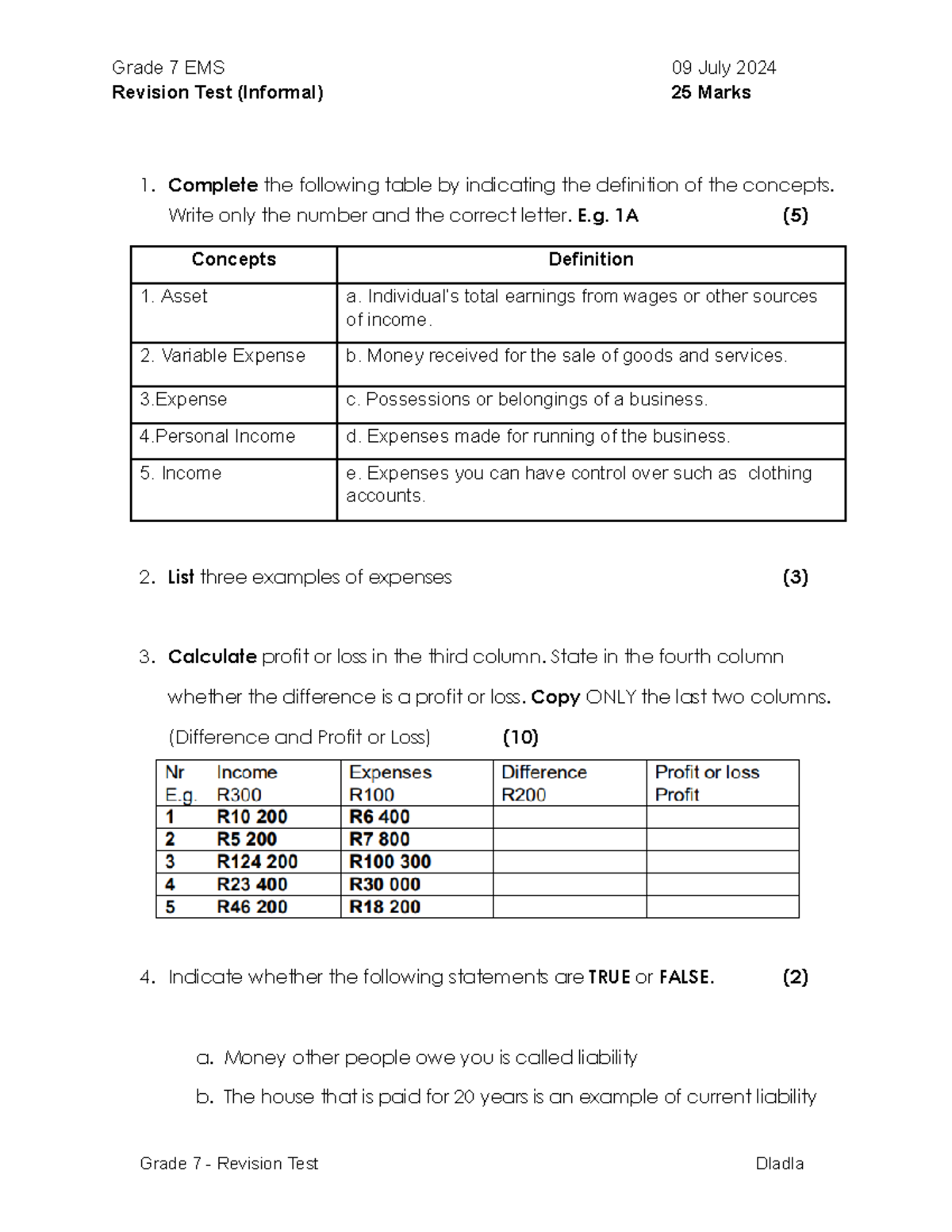 Financial Literacy - Revision Test for all work covered in Term 2 ...