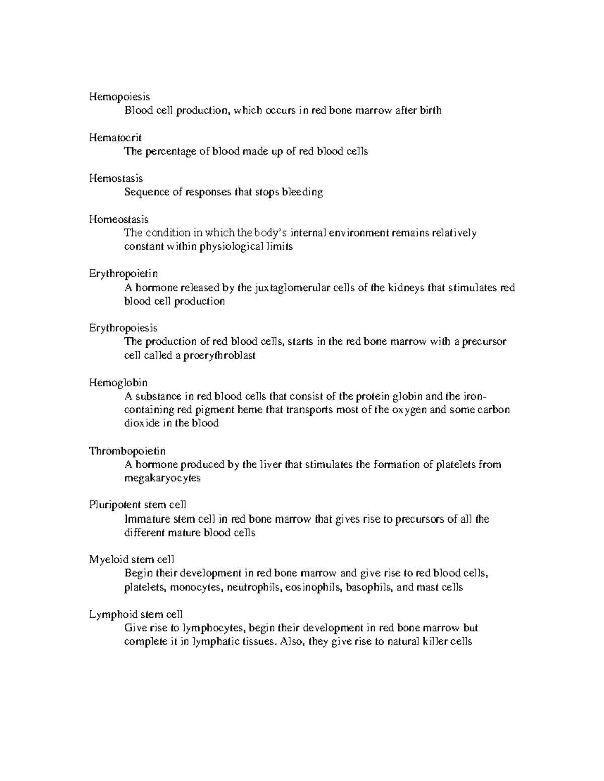 BIO 232 Blood Terms Worksheet - Hemopoiesis Blood cell production ...