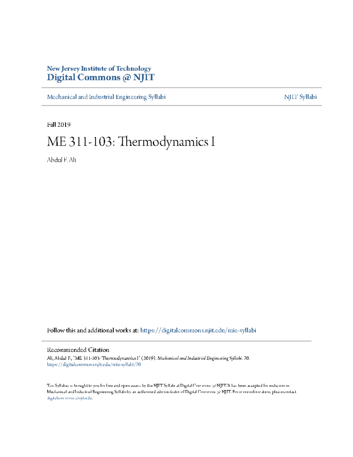 ME 311 Syllabus F19 Thermodynamics I - Warning: TT: undefined function: 32 Warning: TT ...