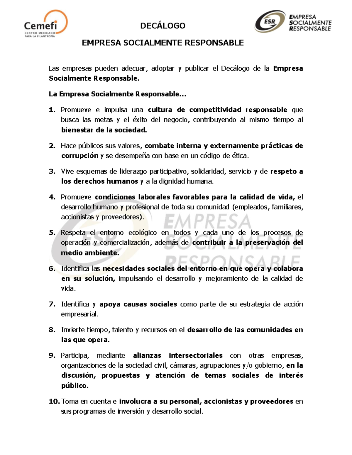 Decálogo empresa socialmente responsable - DECÁLOGO EMPRESA SOCIALMENTE ...